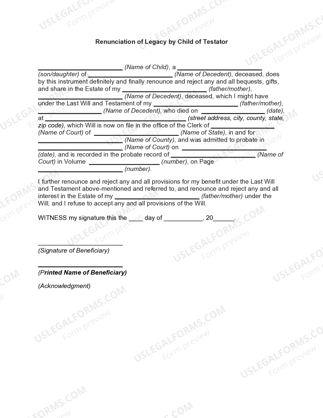 Renunciation of Legacy by Child of Testator | US Legal Forms
