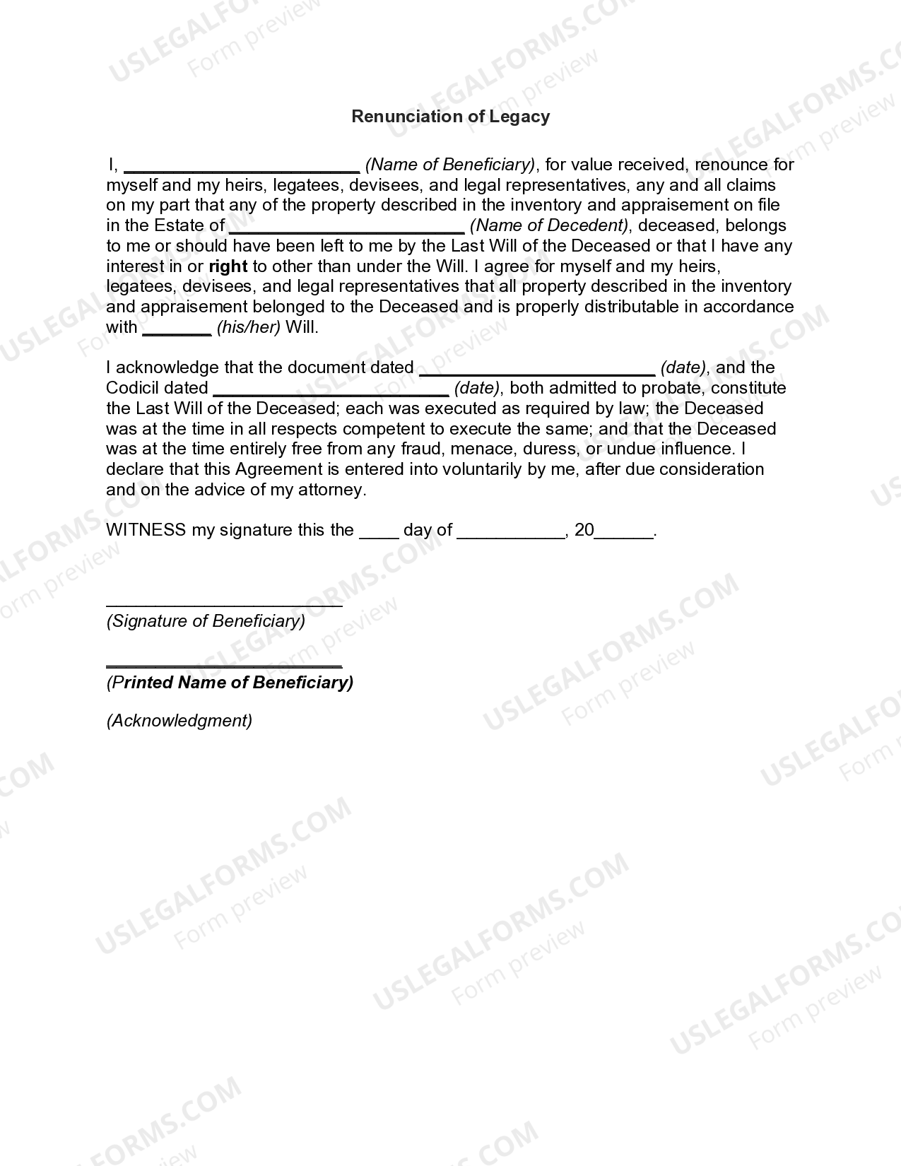 Renunciation of Legacy | US Legal Forms