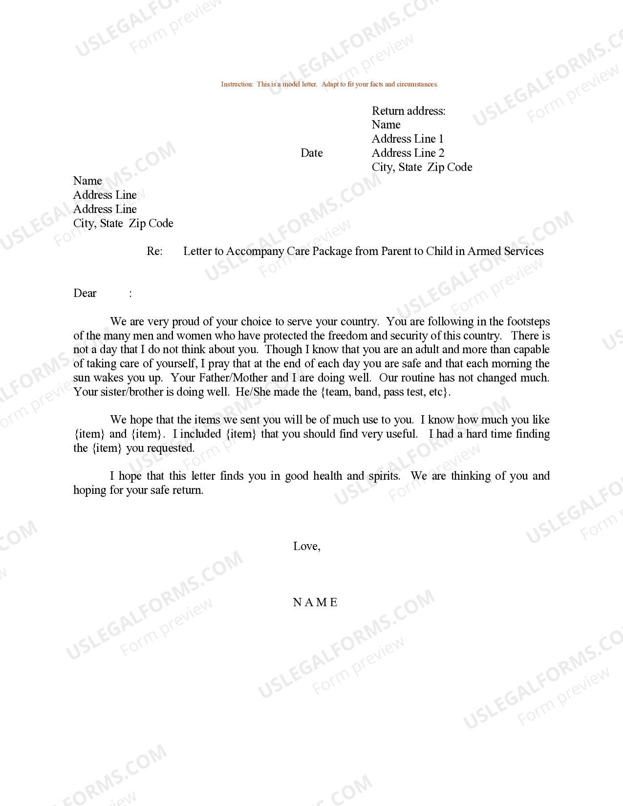 Hawaii Sample Letter Sent with Care Package to Child in Armed Services ...