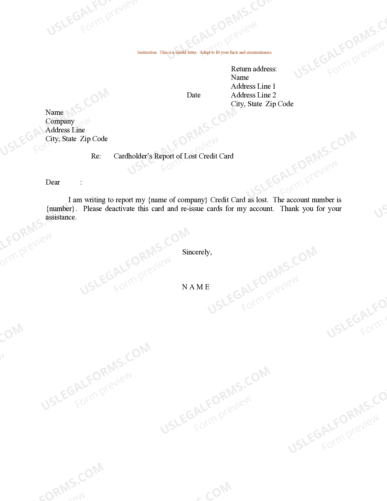 Nebraska Sample Letter for Cardholder's Report of Lost Credit Card ...