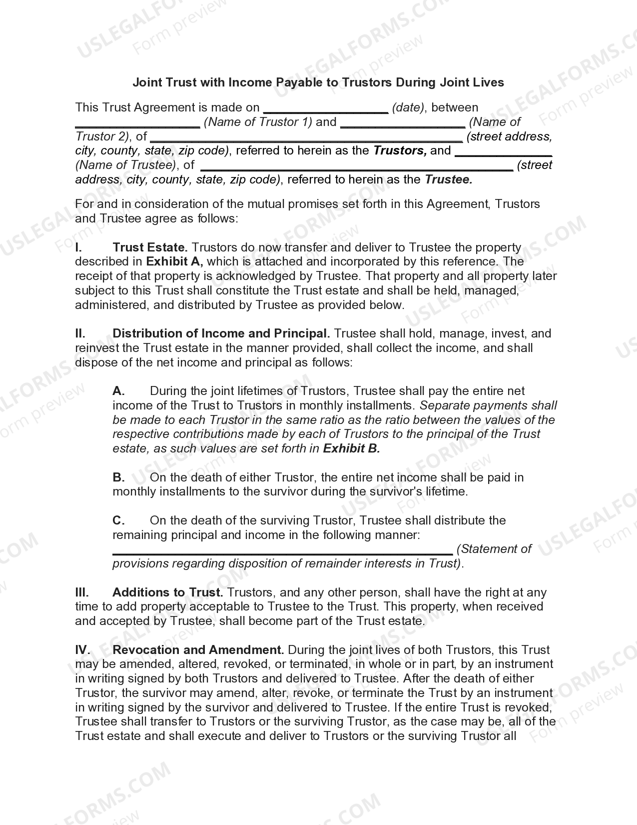 Ohio Joint Trust with Income Payable to Trustors During Joint Lives ...