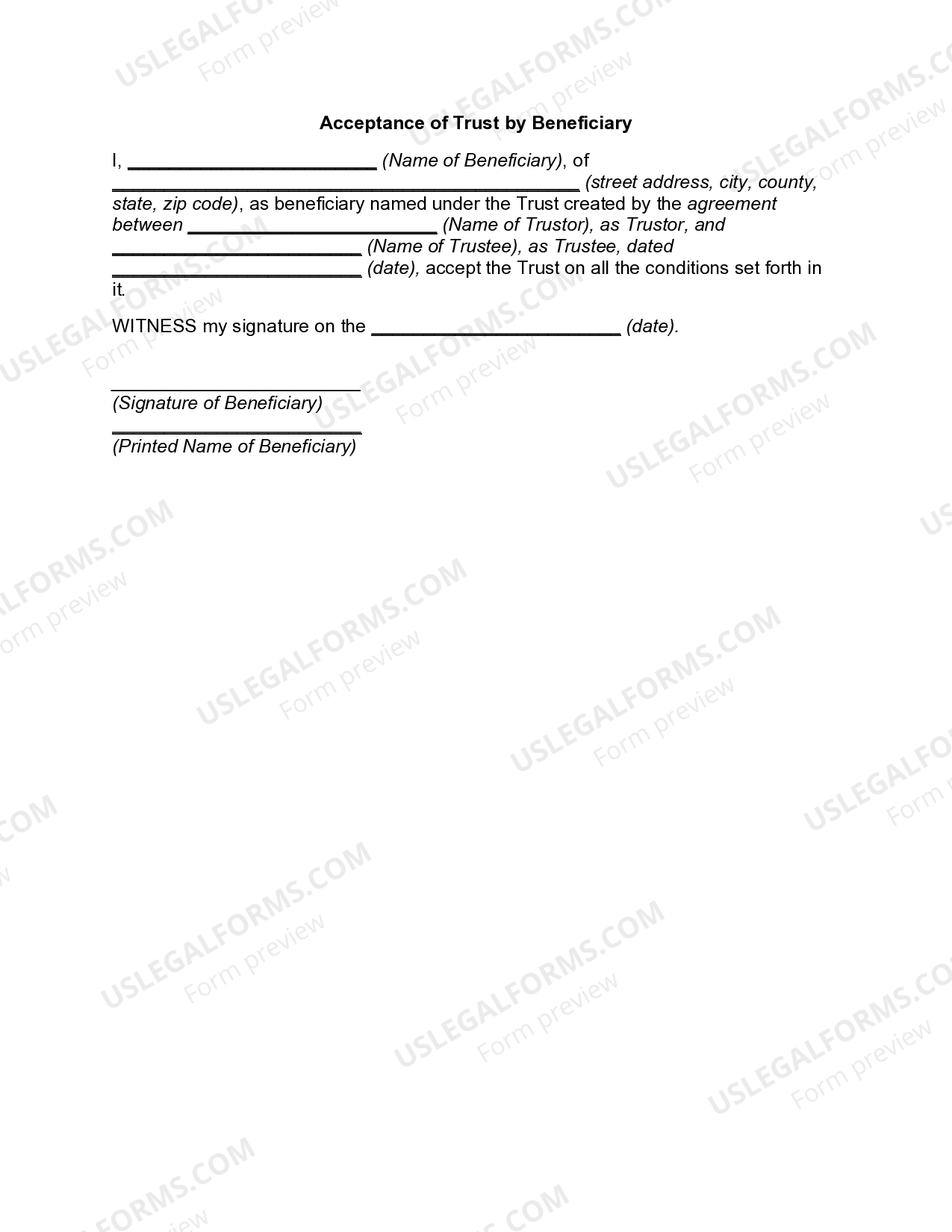 Acceptance of Trust by Beneficiary | US Legal Forms