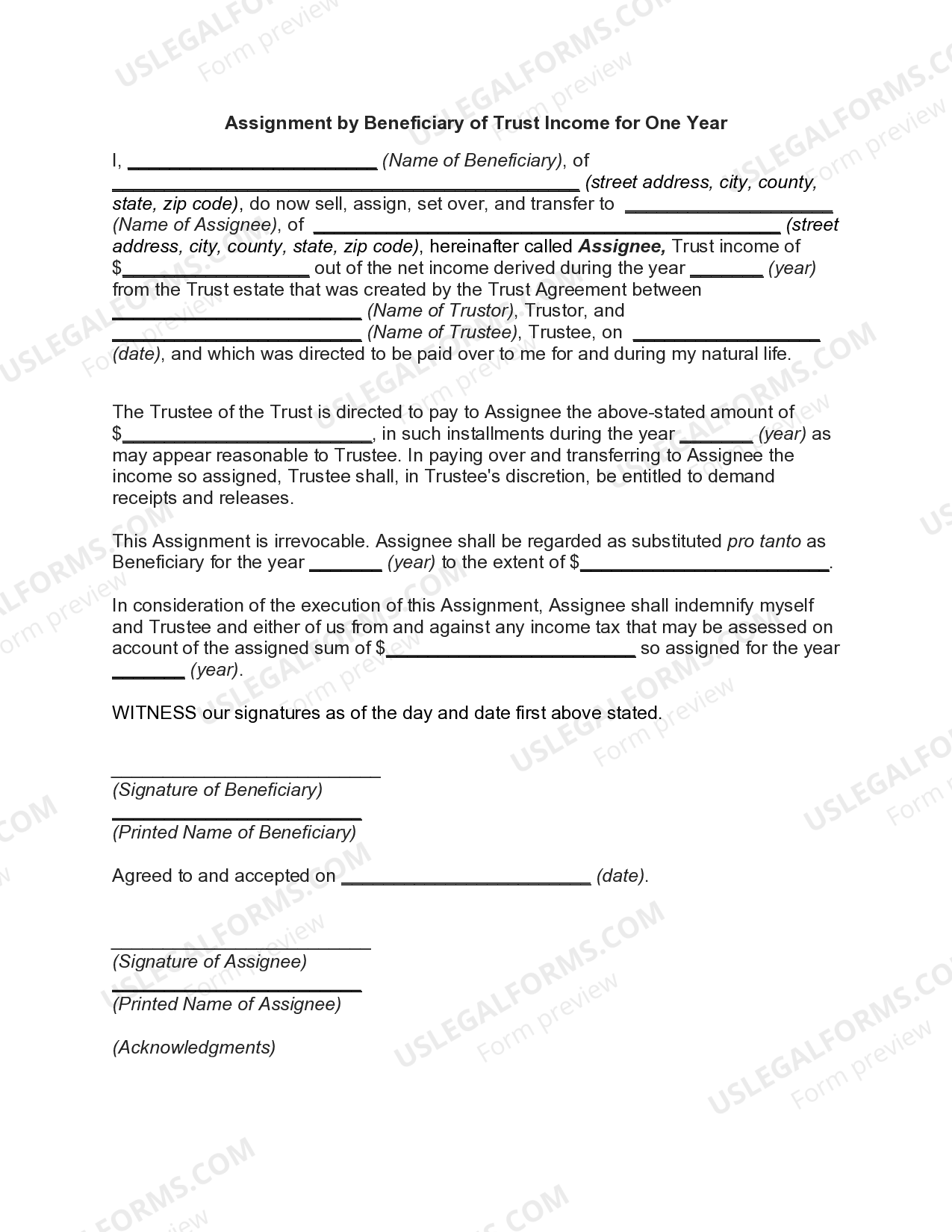 Assignment by Beneficiary of Trust Income for One Year | US Legal Forms
