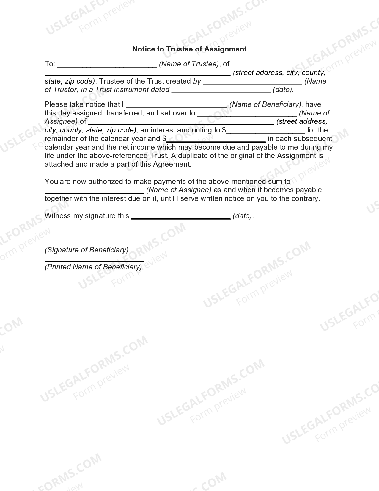 Notice to Trustee of Assignment | US Legal Forms