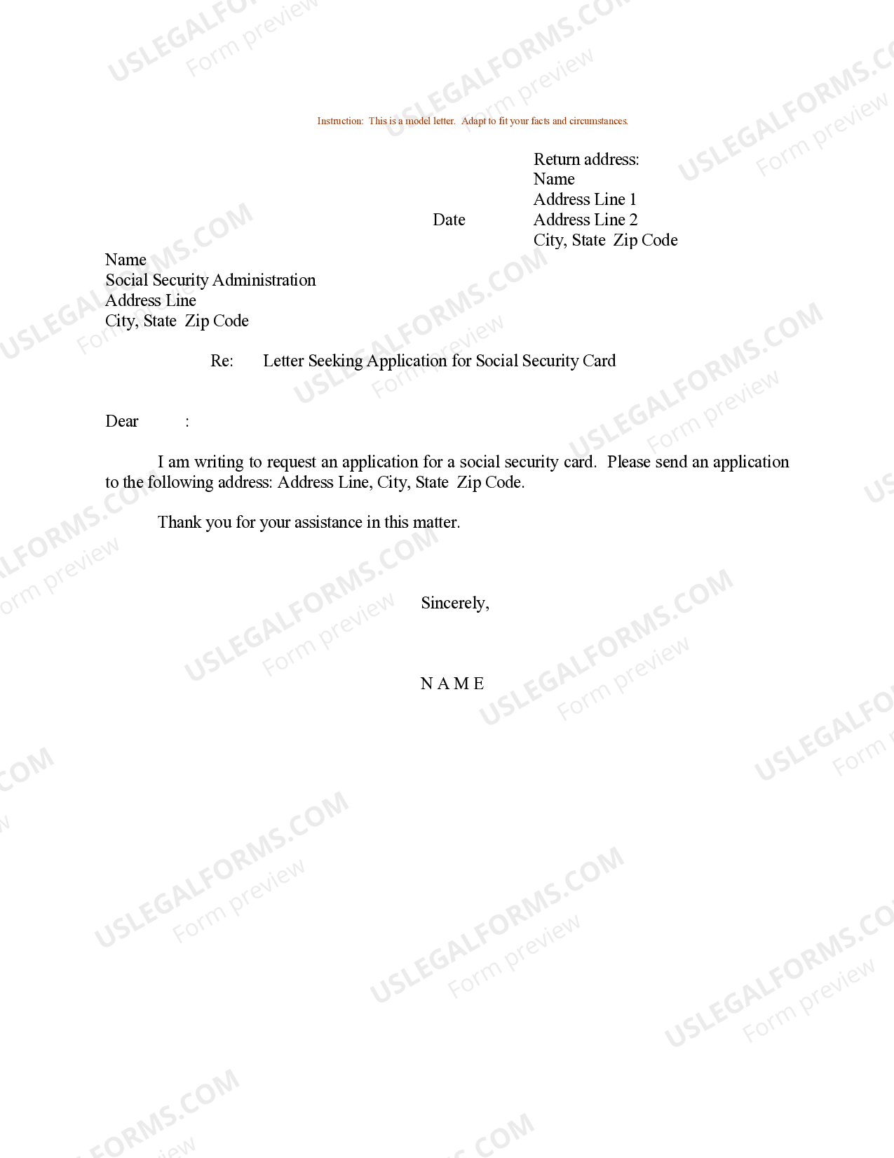 San Antonio Texas Sample Letter Seeking Application for Social Security ...