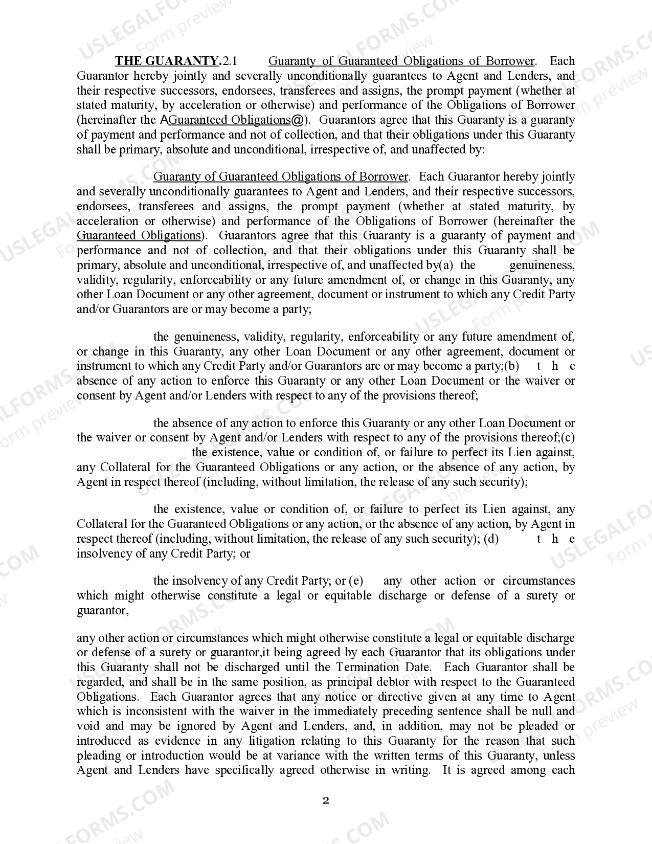 Louisiana Subsidiary Guaranty Agreement | US Legal Forms