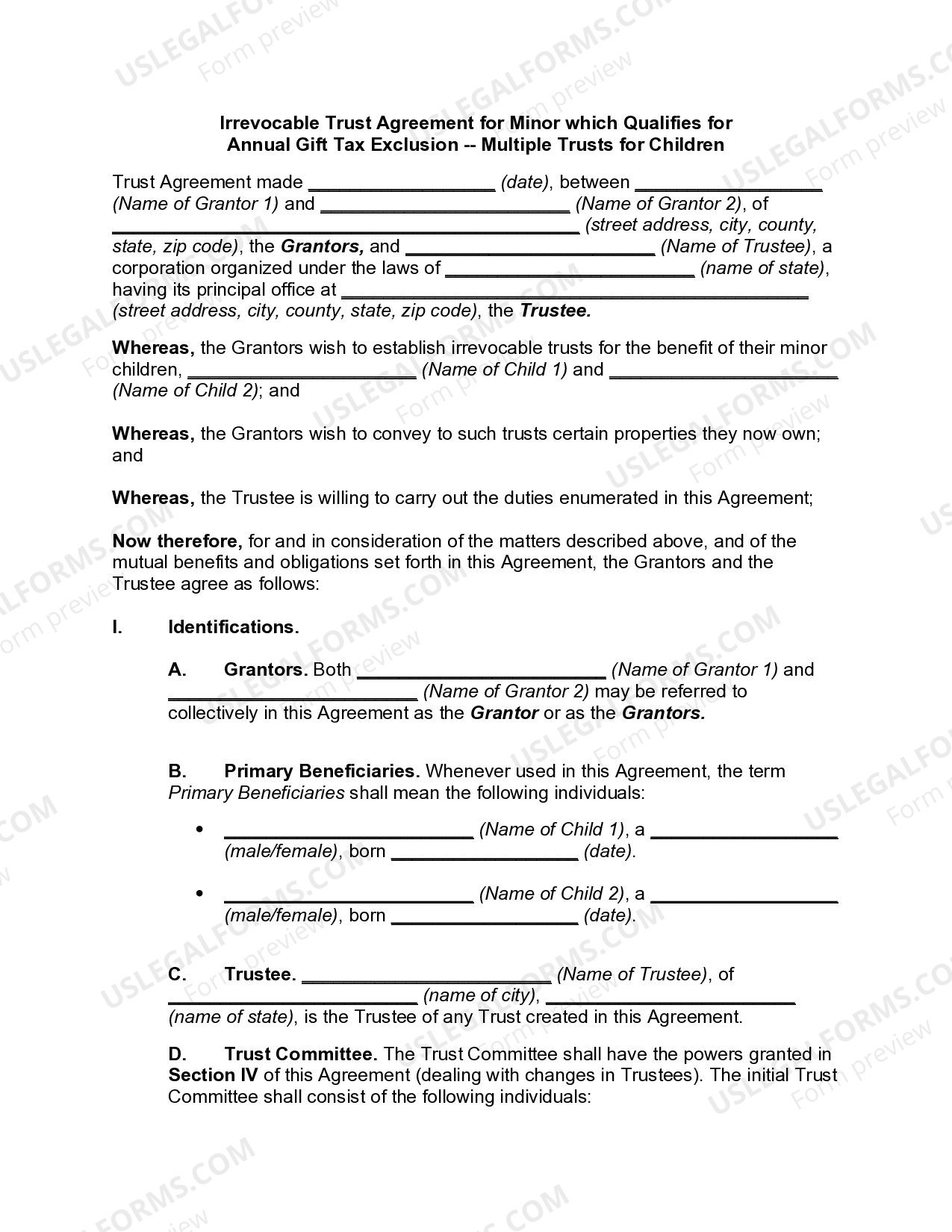 Irrevocable Trust Agreement for Minor which Qualifies for Annual Gift ...