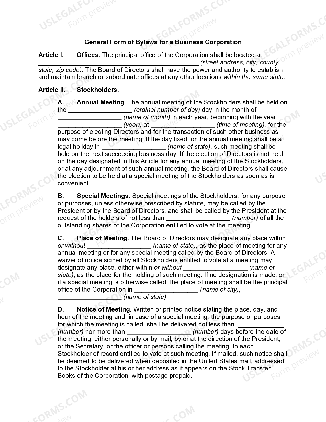 General Form of Bylaws for a Business Corporation - Bylaws Business ...