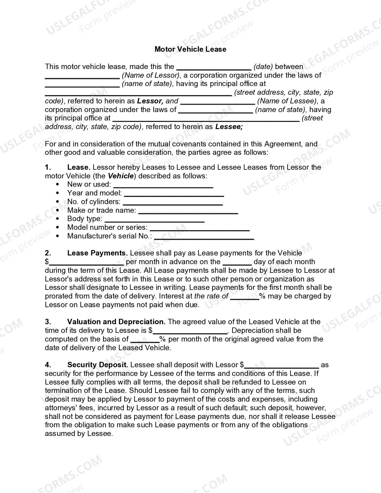 Motor Vehicle Lease | US Legal Forms