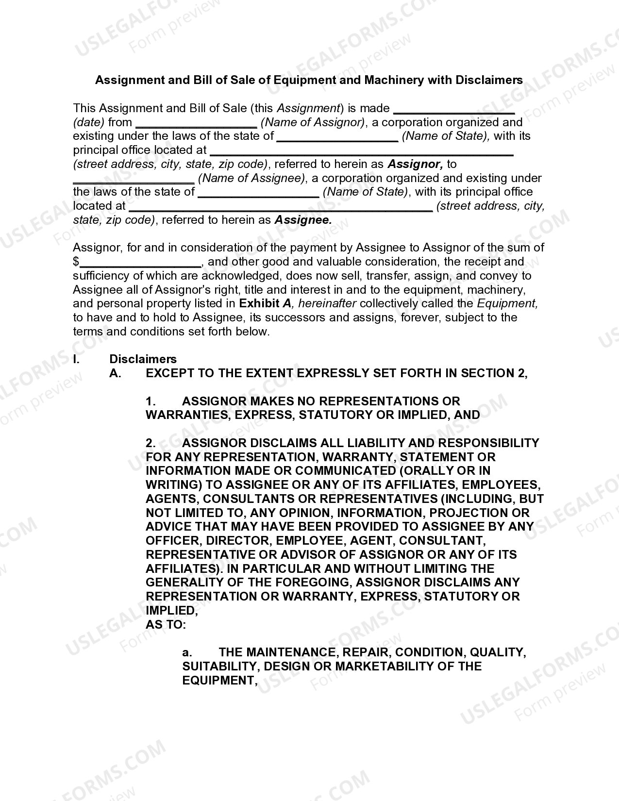 Assignment and Bill of Sale of Equipment and Machinery with Disclaimers ...
