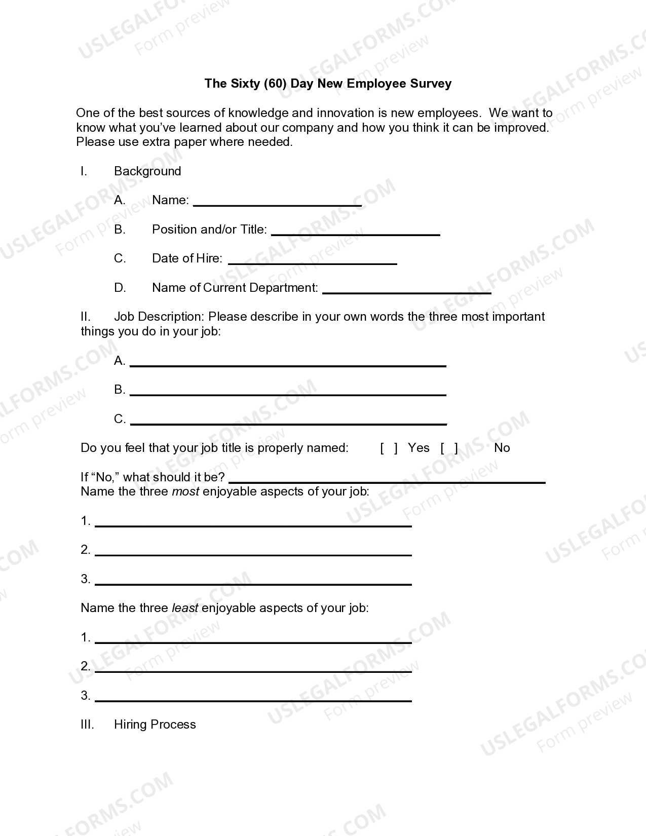 The Sixty (60) Day New Employee Survey | US Legal Forms