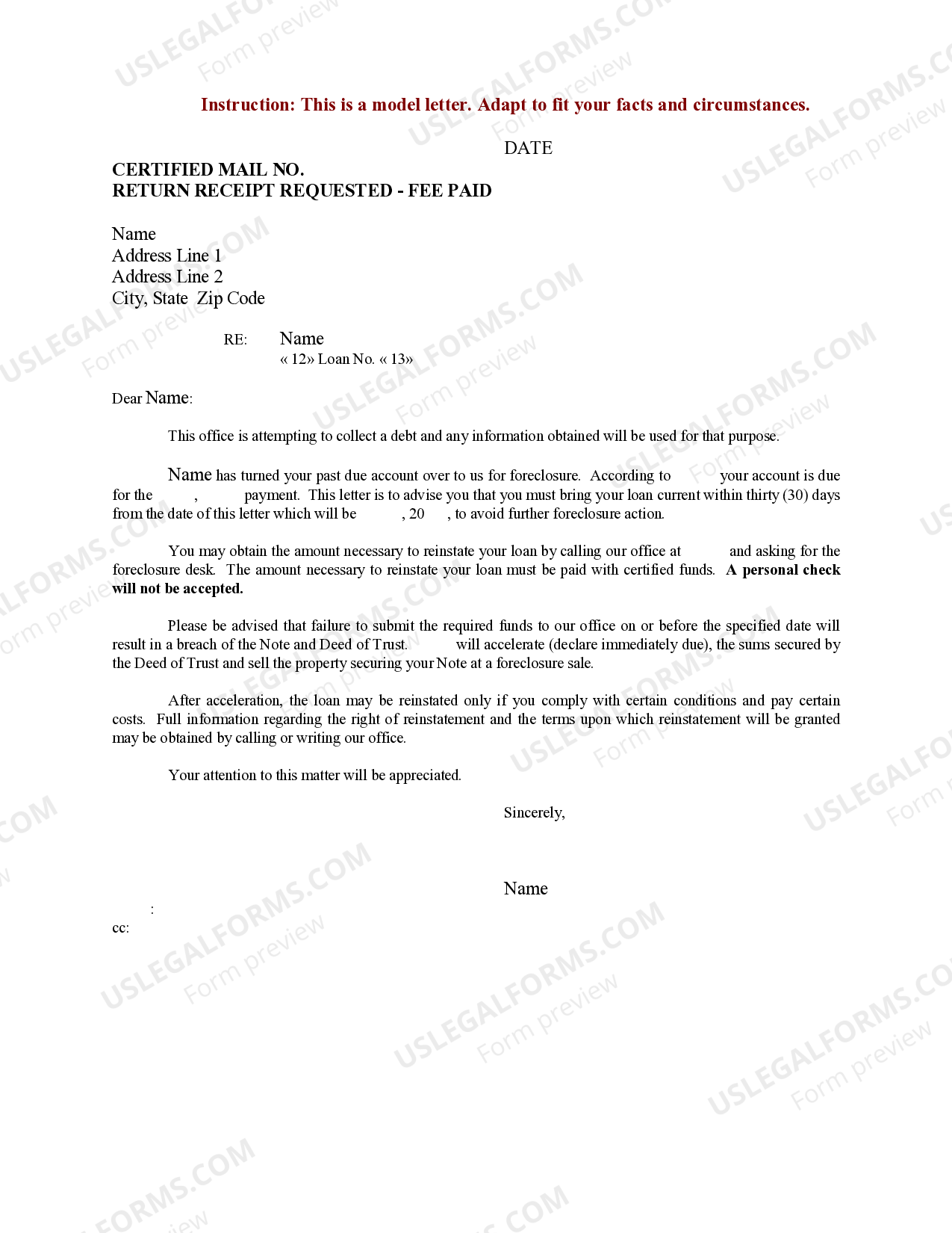 Sample Letter for Attempt to Collect Debt before Acceleration - Collect ...