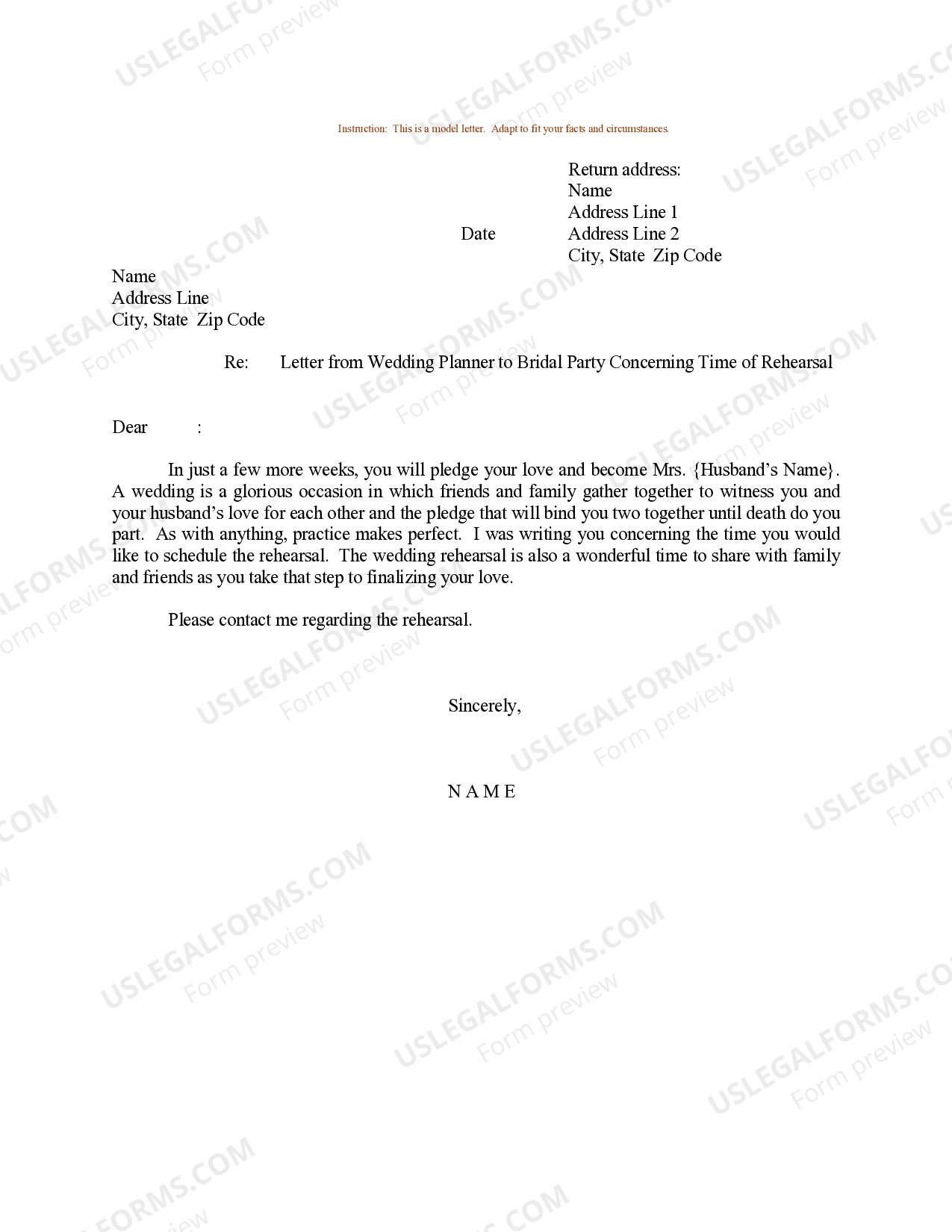 District of Columbia Sample Letter from Wedding Planner or Consultant ...