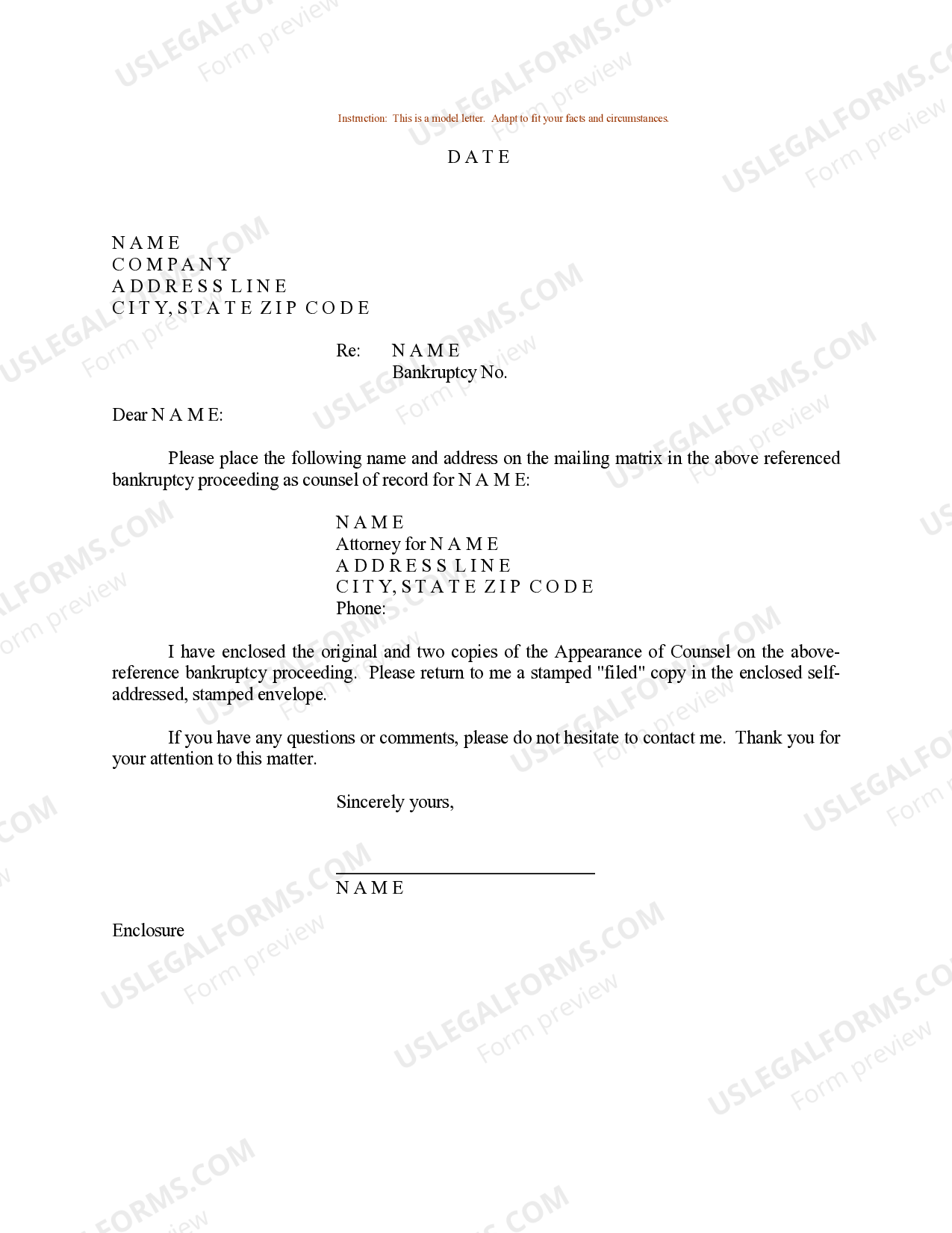 Sample Letter for Appointment of Attorney's Information on Mailing Matrix concerning bankruptcy ...