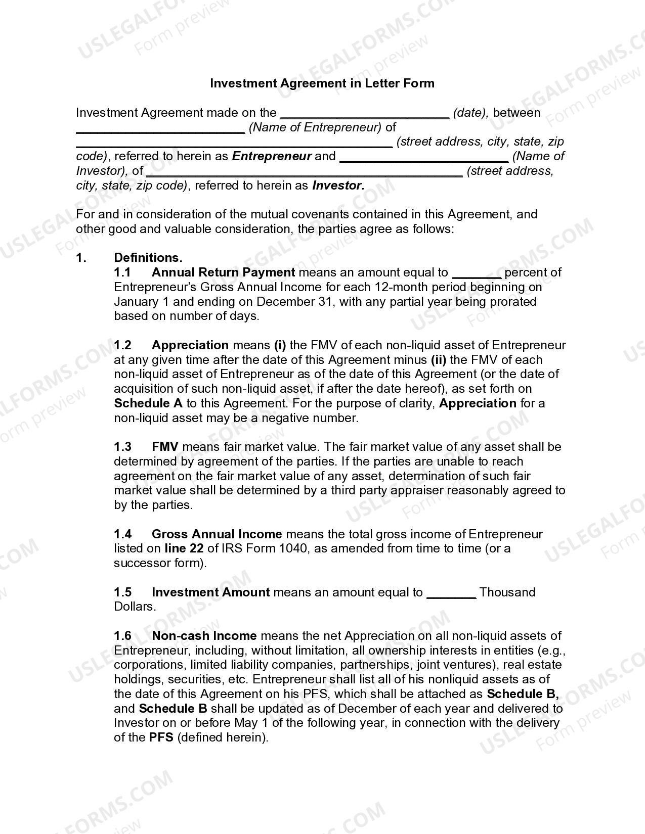 Investment Agreement in Letter Form | US Legal Forms