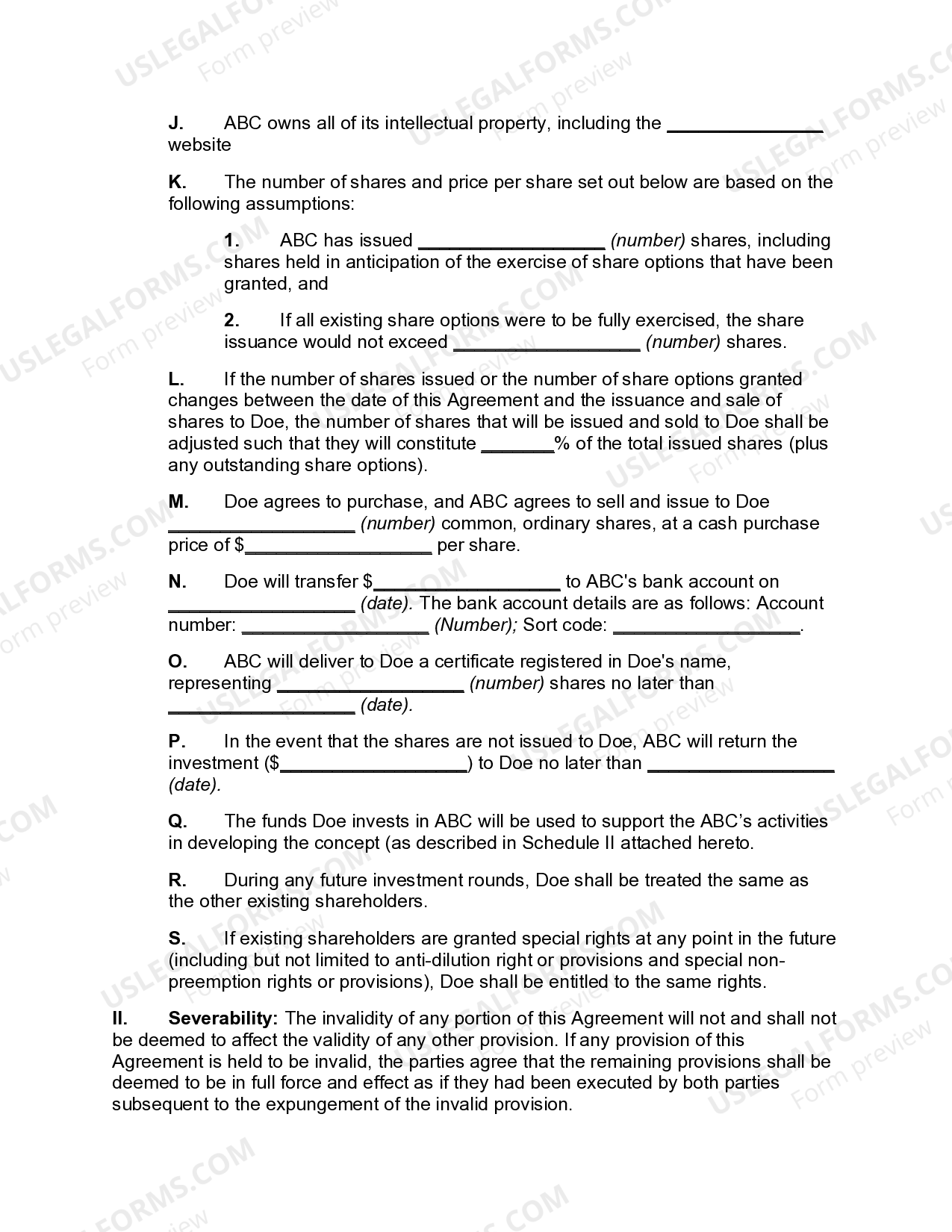 Investment Agreement between John Doe and ABC, Inc. | US Legal Forms