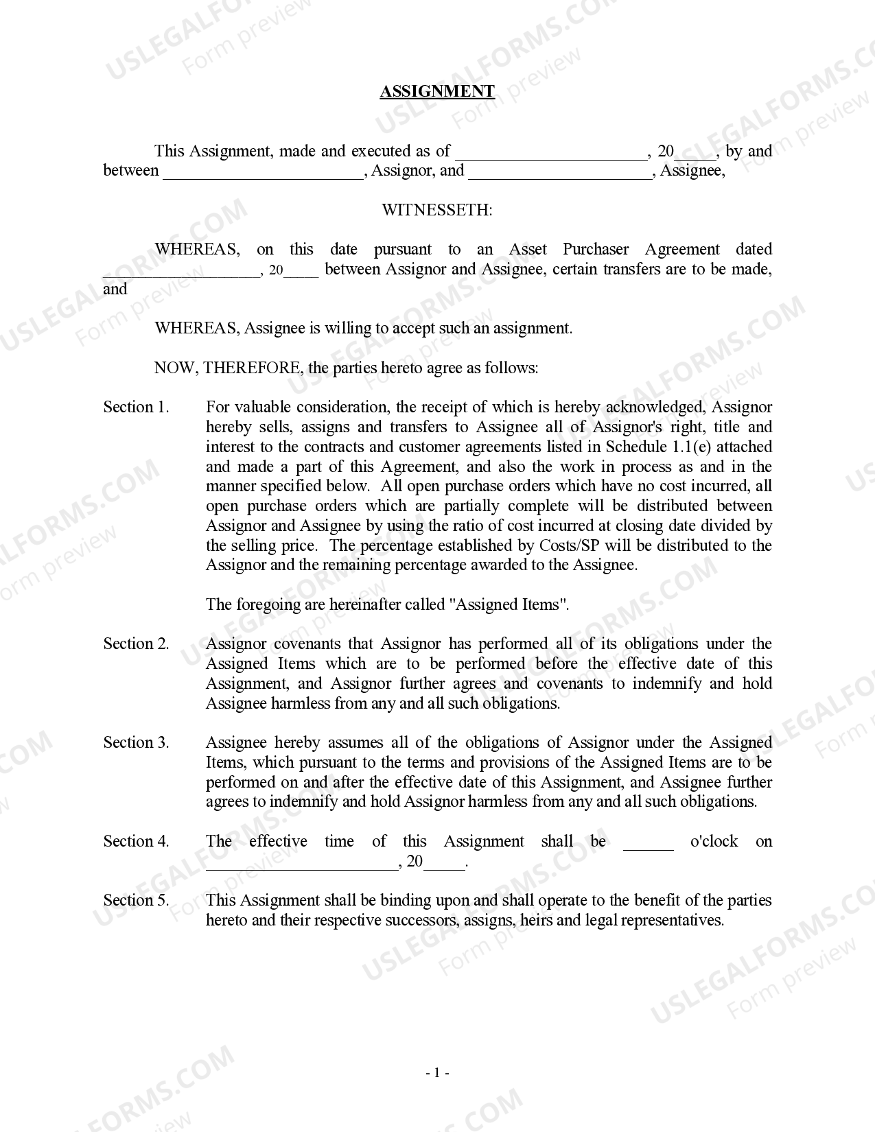 Assignment of Customer Contracts | US Legal Forms