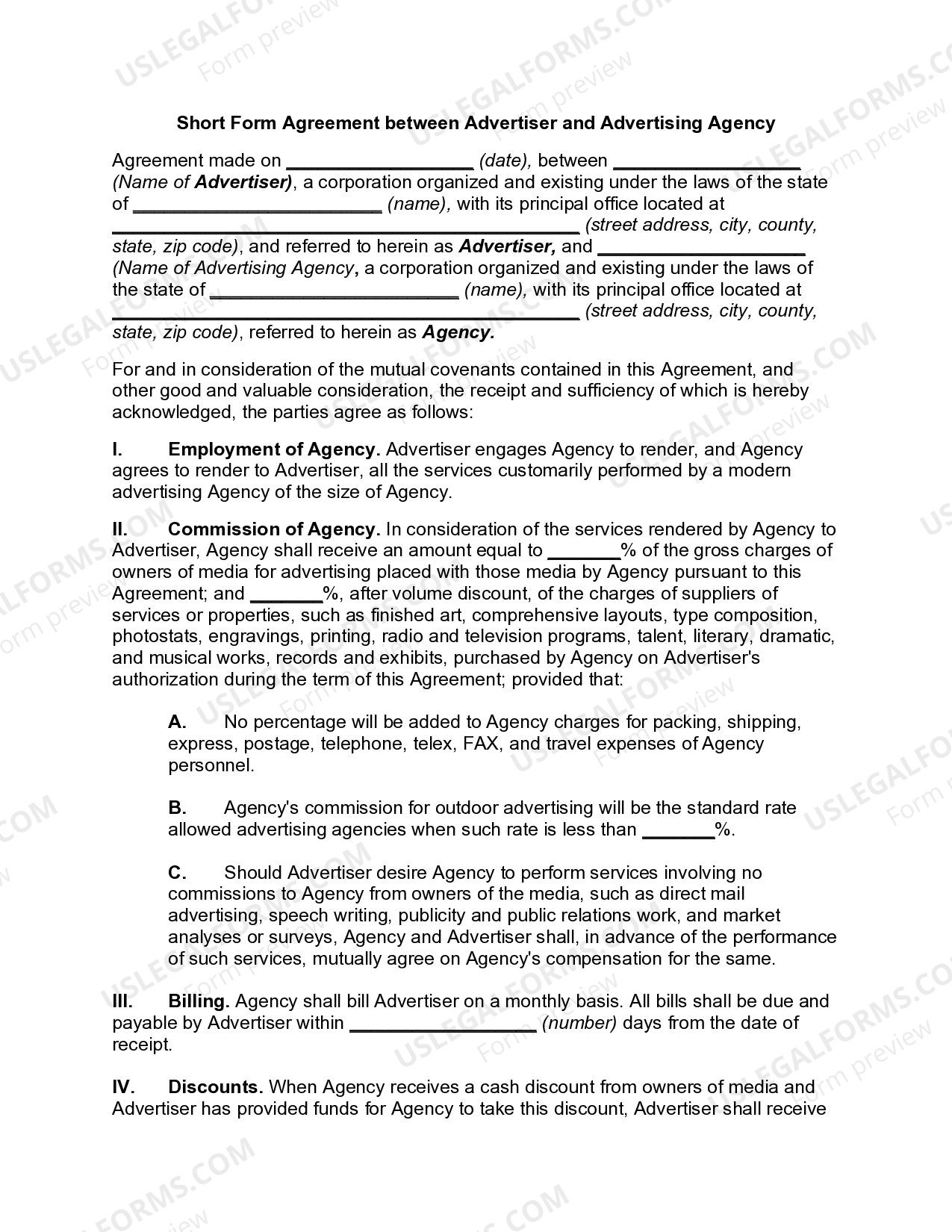 Short Form Agreement between Advertiser and Advertising Agency | US ...