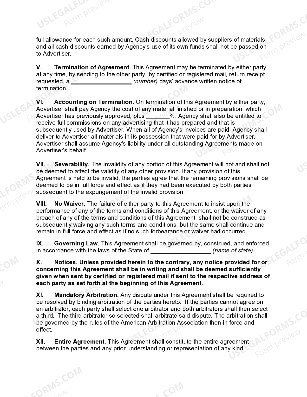 Short Form Agreement between Advertiser and Advertising Agency | US ...