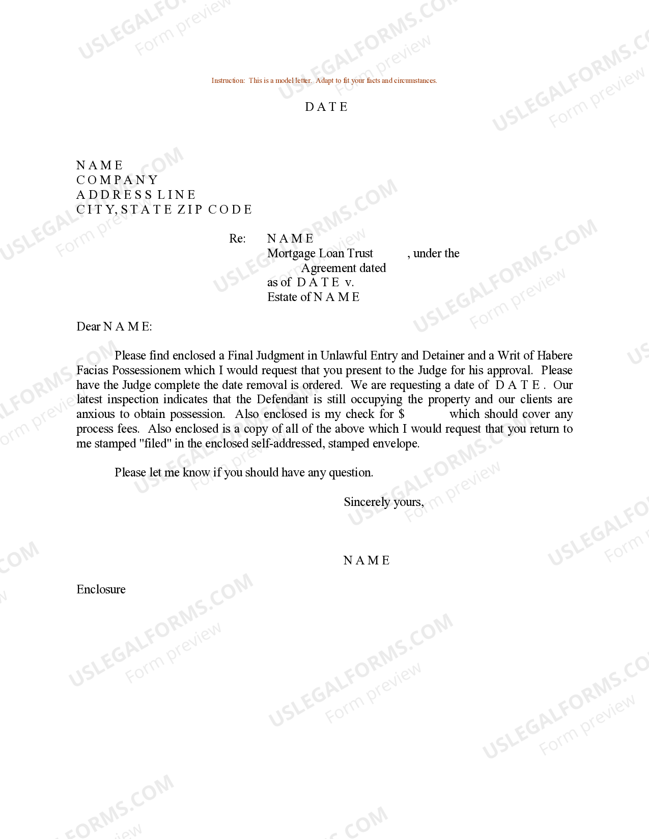 Sample Letter for Final Judgment In Unlawful Entry - Detainer ...