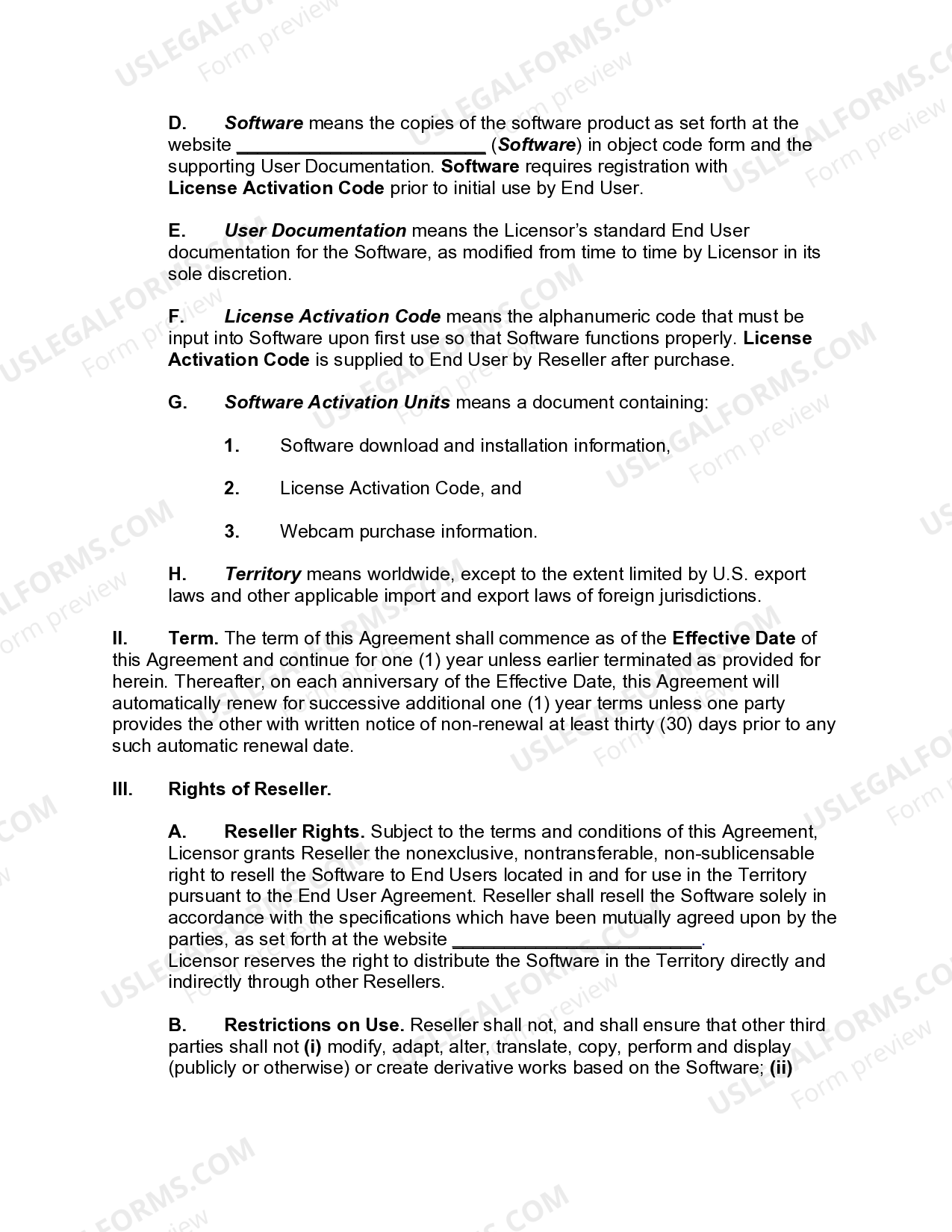 Software Reseller Agreement | US Legal Forms