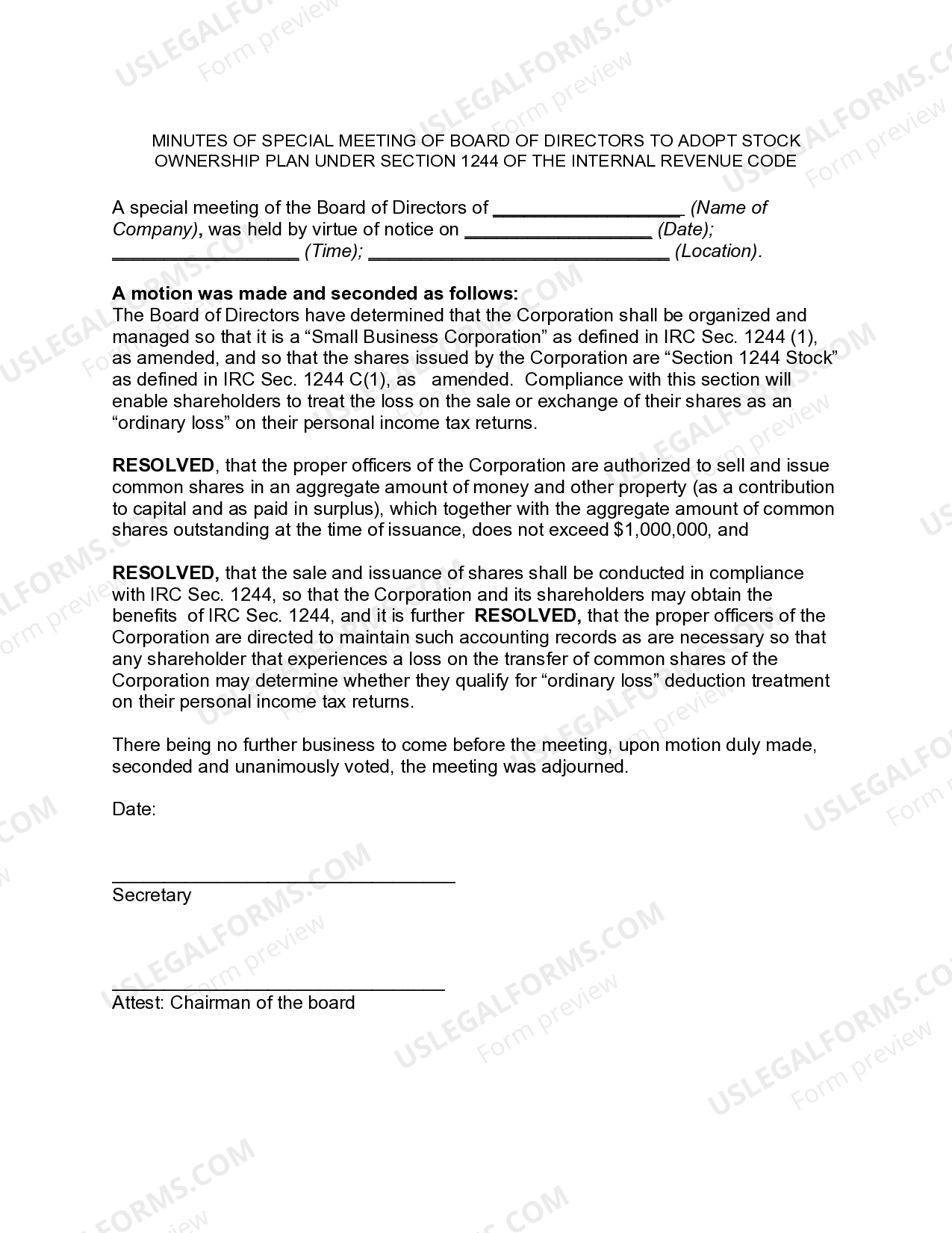 MINUTES OF SPECIAL MEETING OF BOARD OF DIRECTORS TO ADOPT STOCK ...