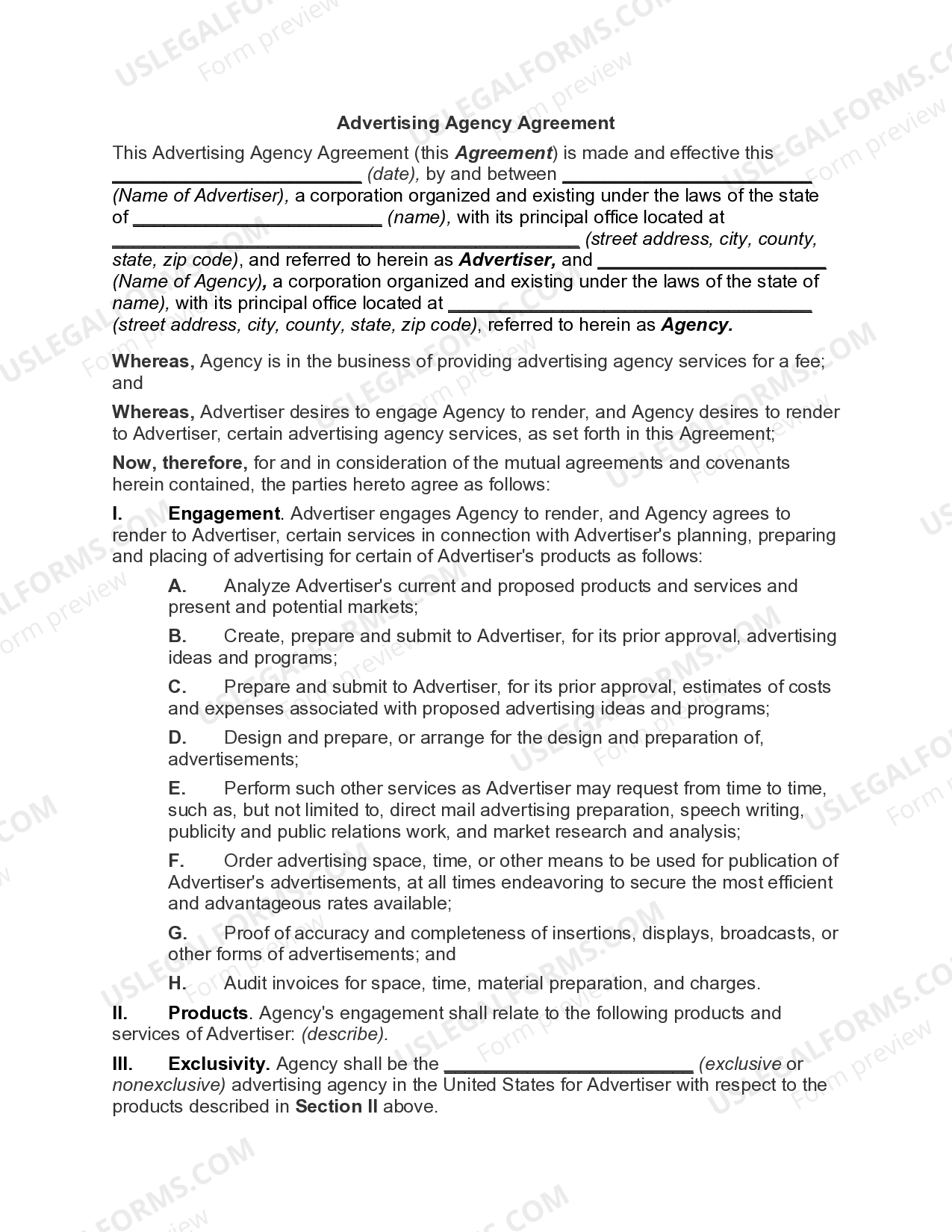 Advertising Agency Agreement | US Legal Forms