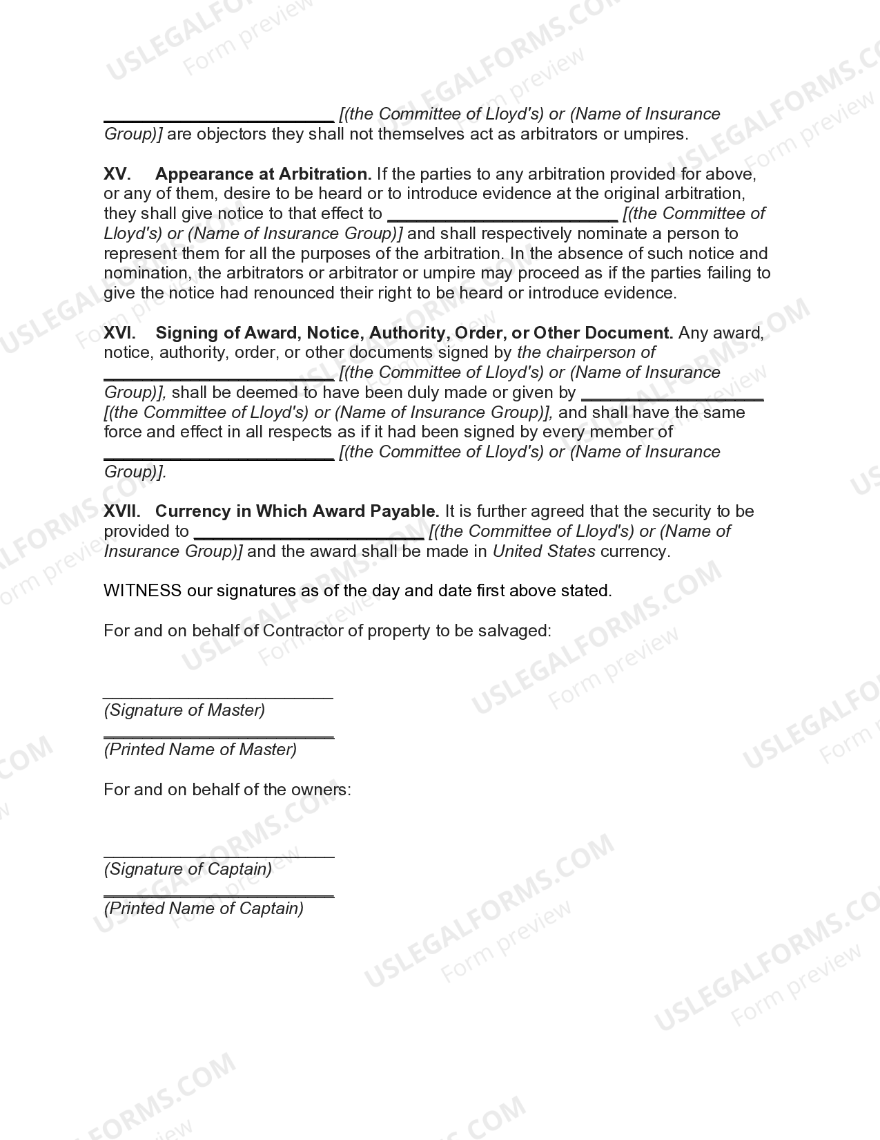 Standard Form of Salvage Agreement (No Cure, No Pay) | US Legal Forms
