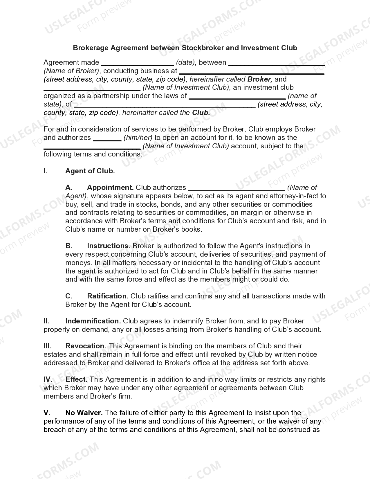 Brokerage Agreement between Stockbroker and Investment Club | US Legal ...