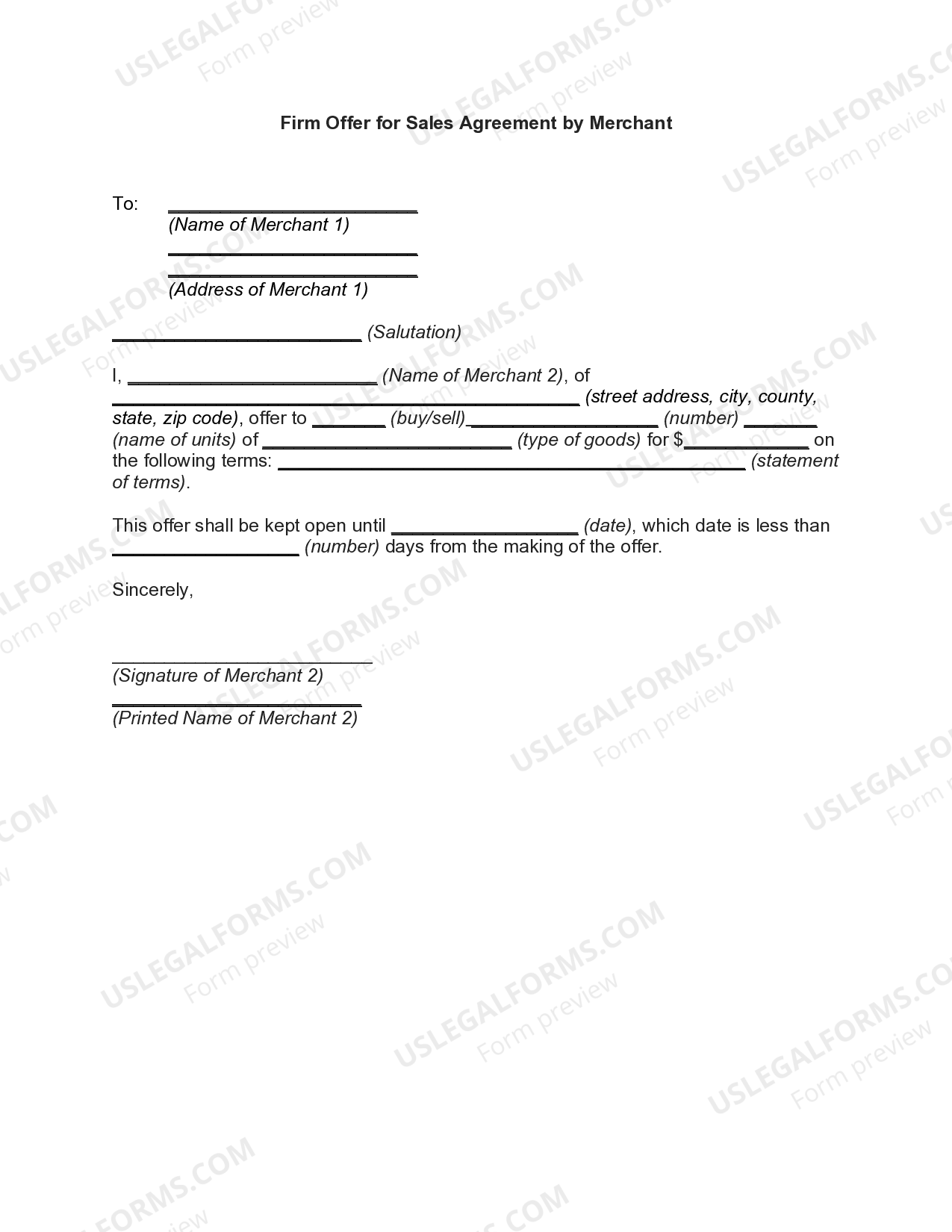 Firm Offer for Sales Agreement by Merchant | US Legal Forms