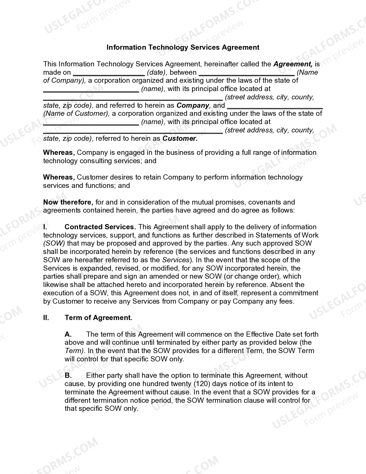 Information Technology Services Agreement | US Legal Forms