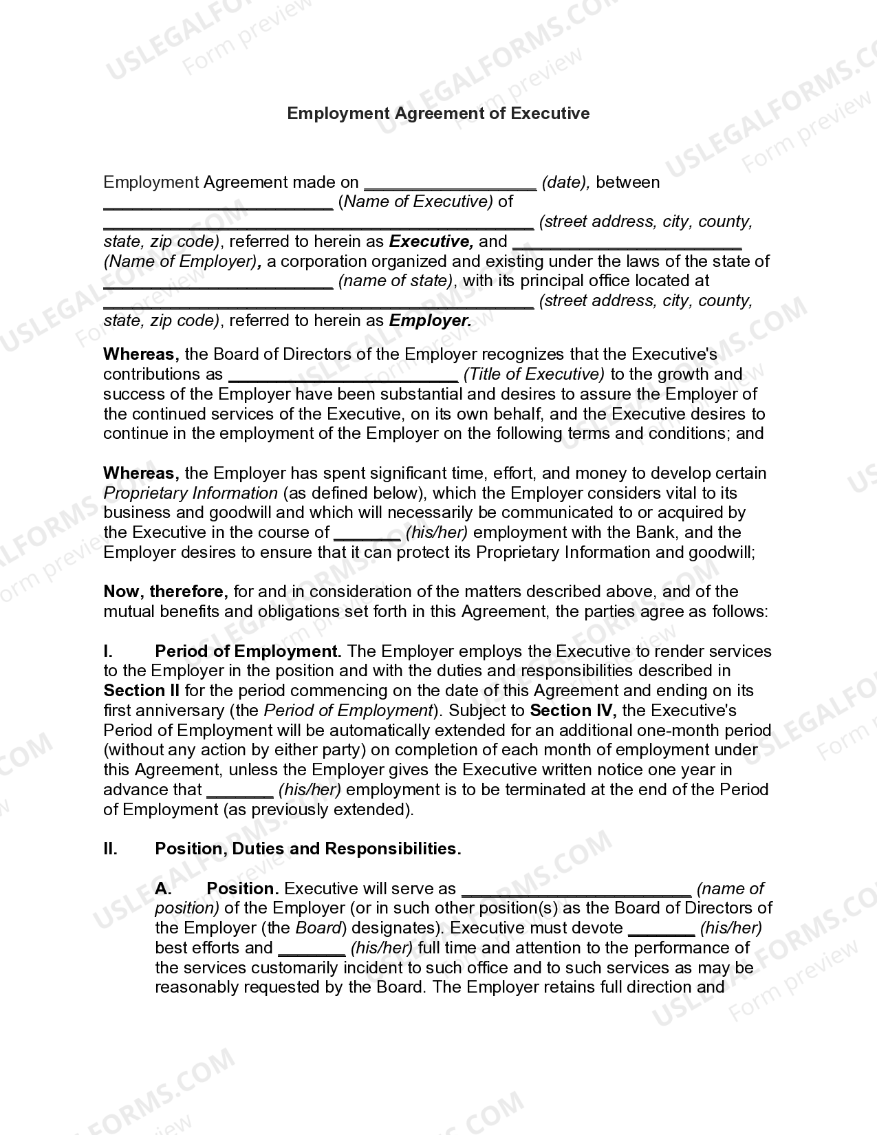 Employment Agreement of Executive | US Legal Forms