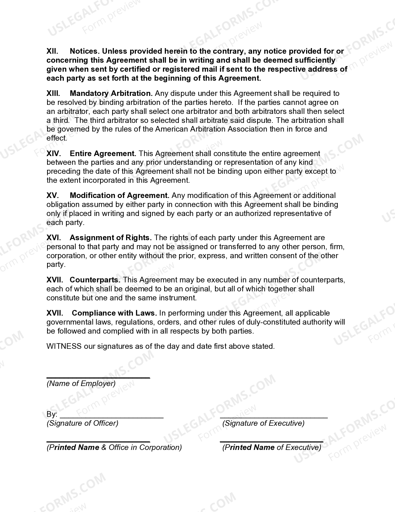 Employment Agreement of Executive | US Legal Forms
