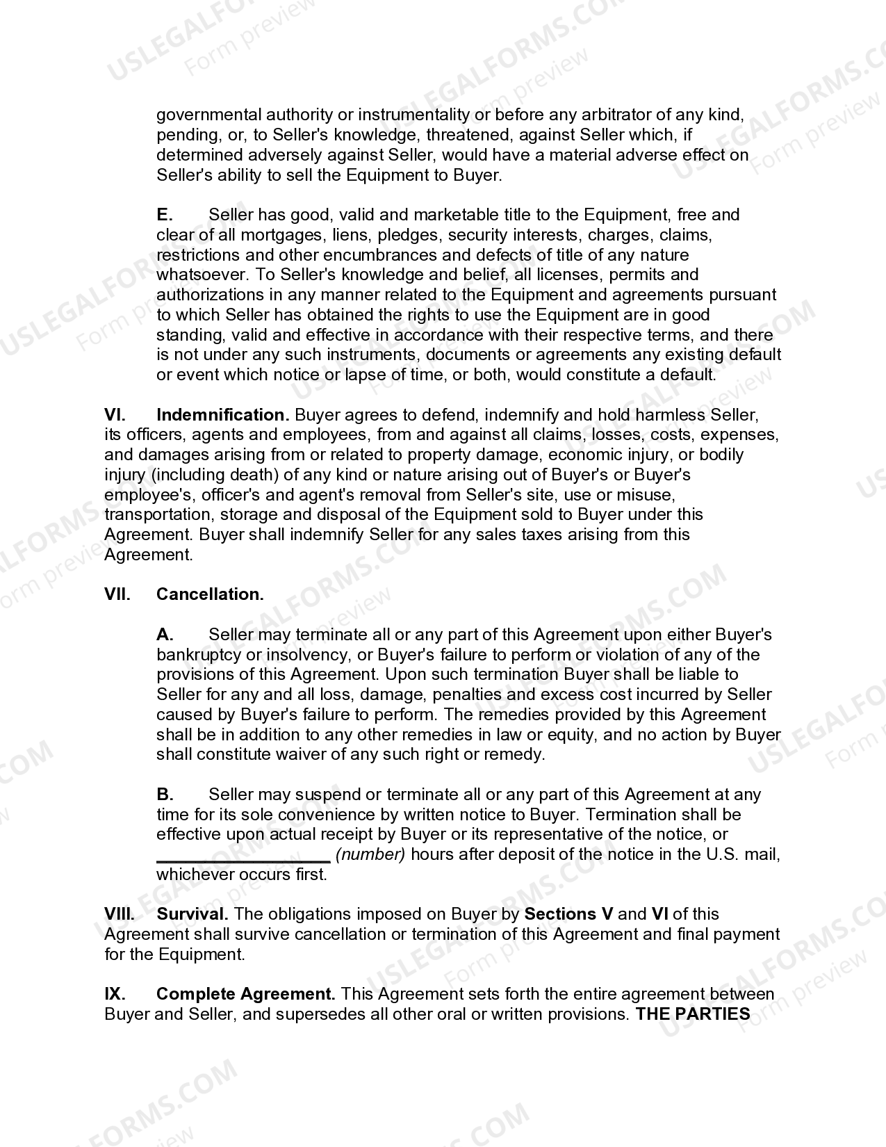 Agreement for Sale of Equipment | US Legal Forms