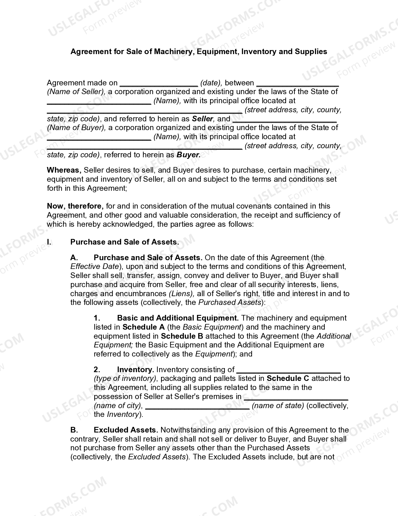 Agreement for Sale of Machinery, Equipment, Inventory and Supplies | US ...