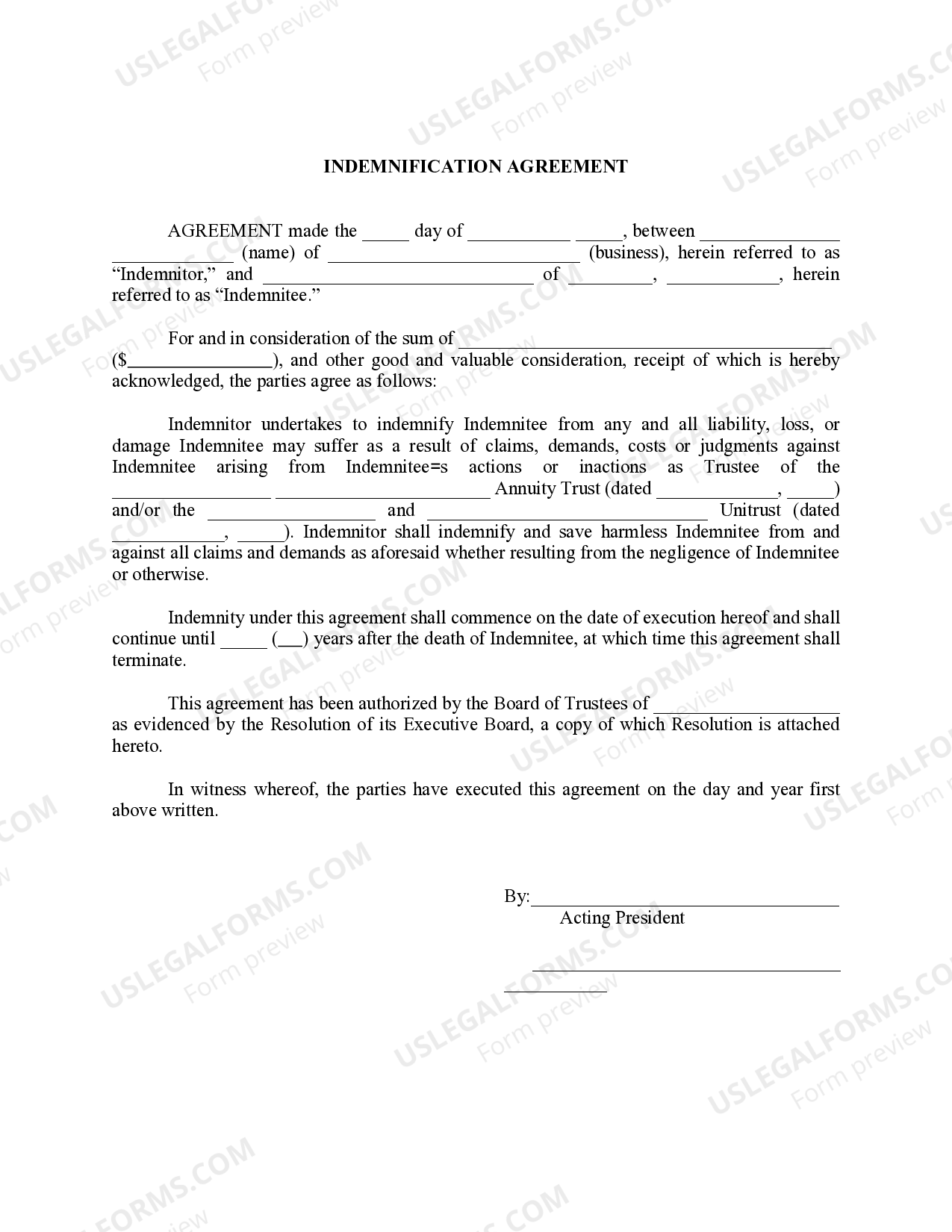 New Hampshire Indemnification Agreement for a Trust - Indemnification | US Legal Forms