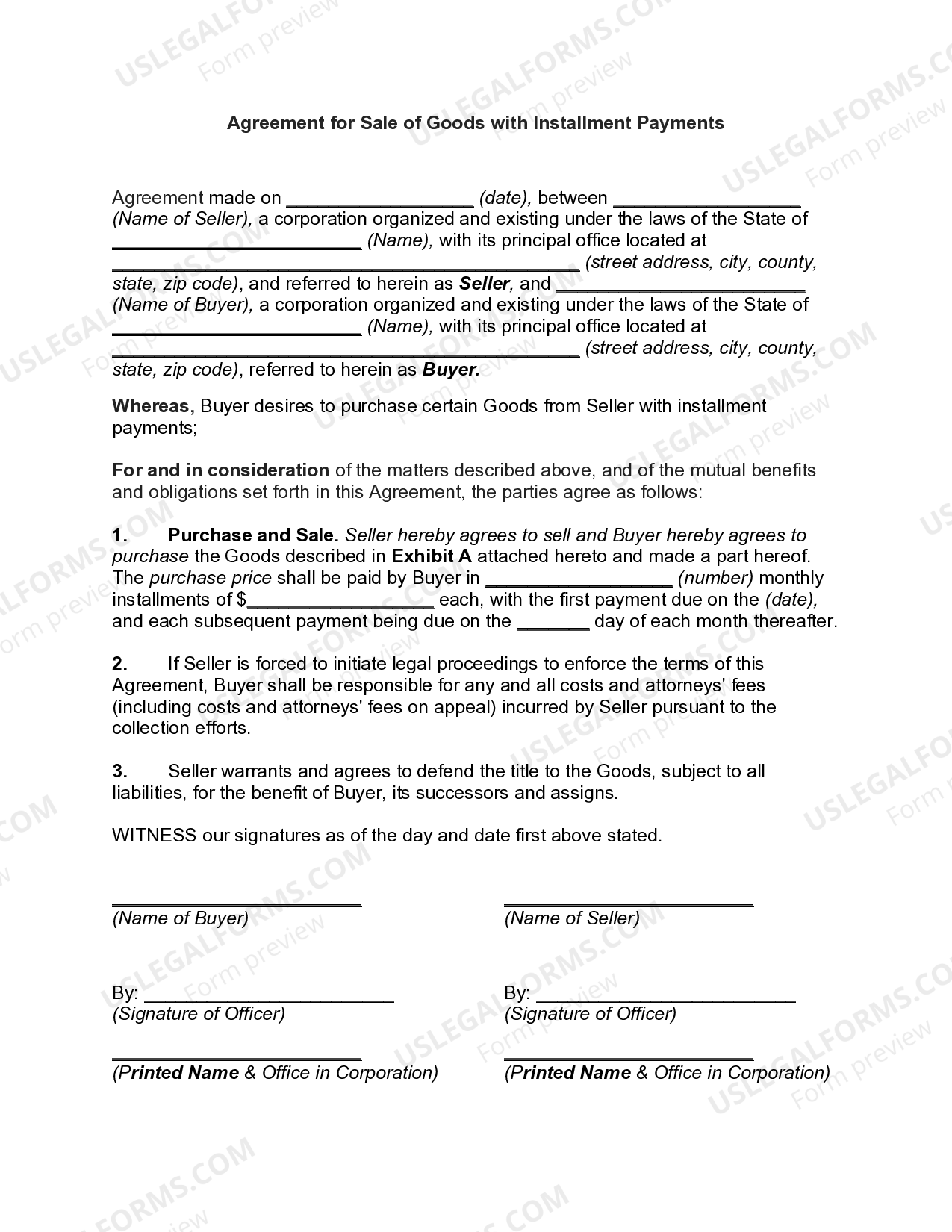Agreement for Sale of Goods with Installment Payments | US Legal Forms