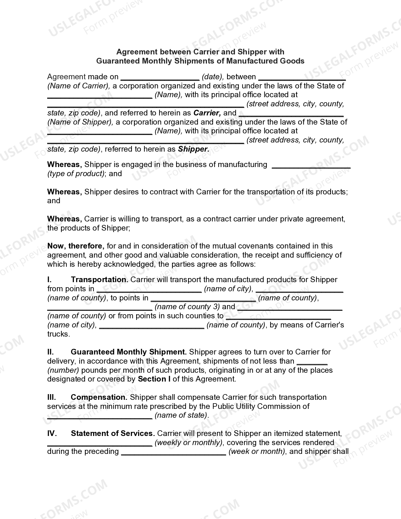 Agreement between Carrier and Shipper with Guaranteed Monthly Shipments ...