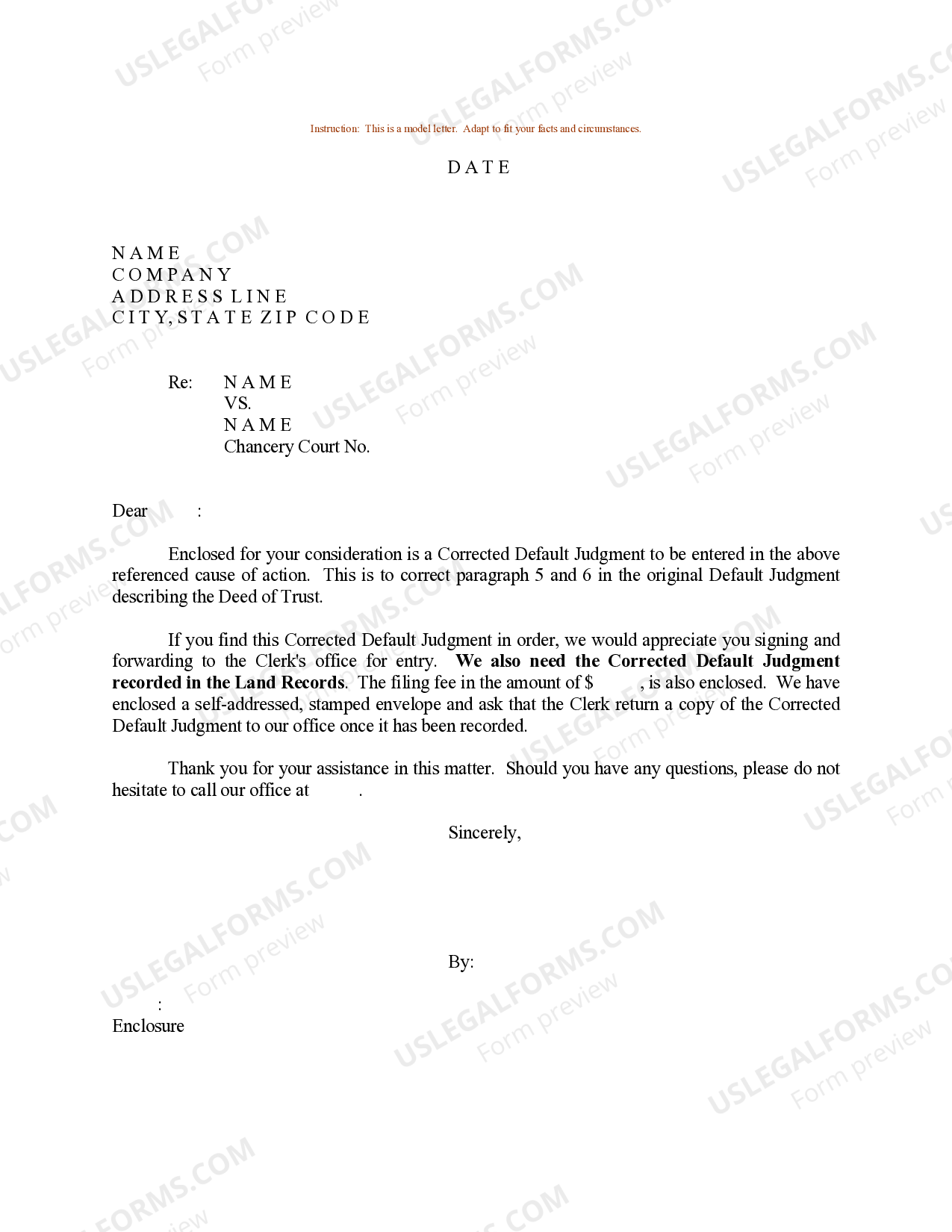 Sample Letter regarding Corrected Default Judgment - Regarding Default ...