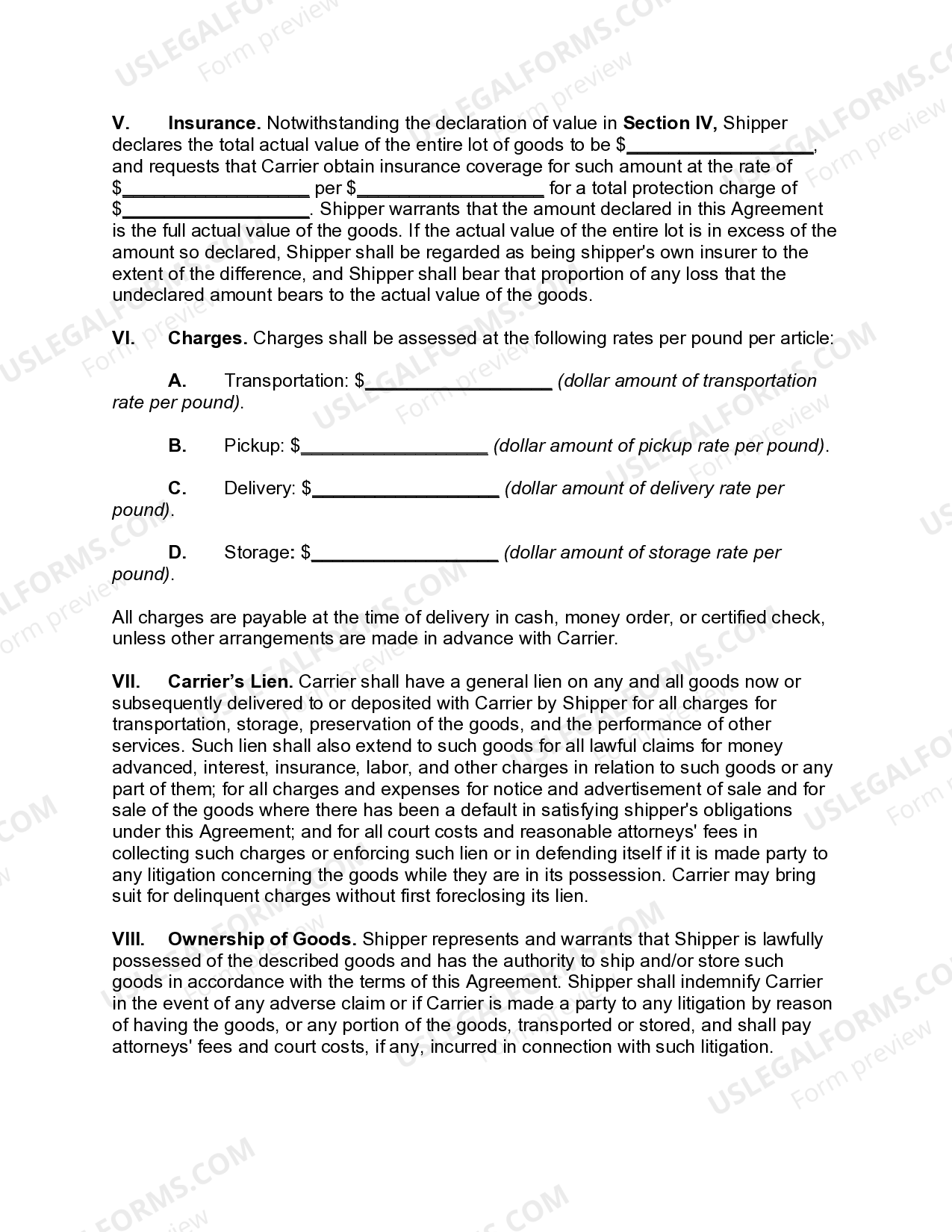 General Agreement between Carrier and Shipper | US Legal Forms