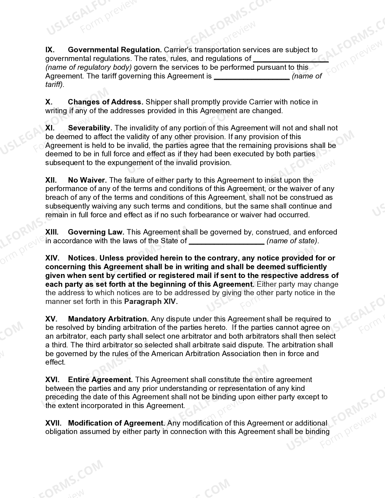 General Agreement between Carrier and Shipper | US Legal Forms