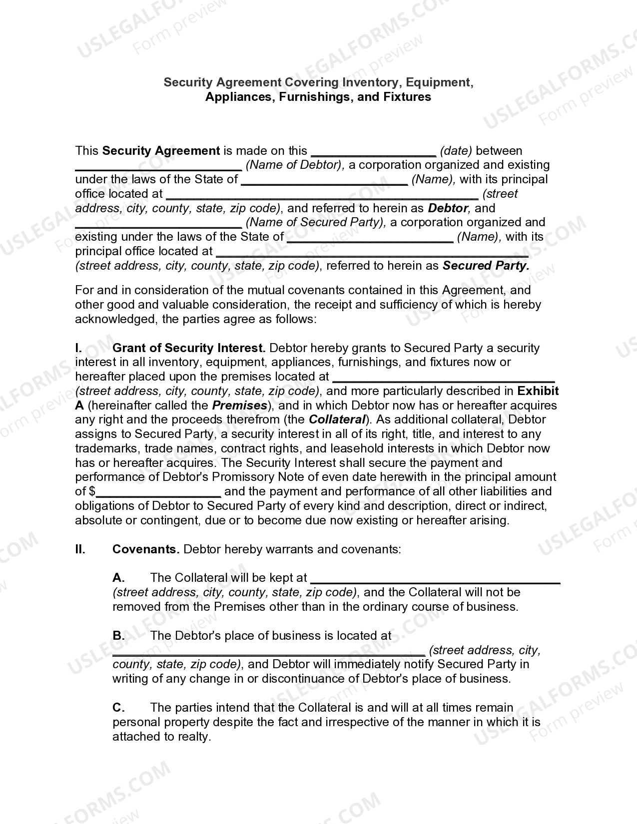 Security Agreement Covering Inventory, Equipment, Appliances ...