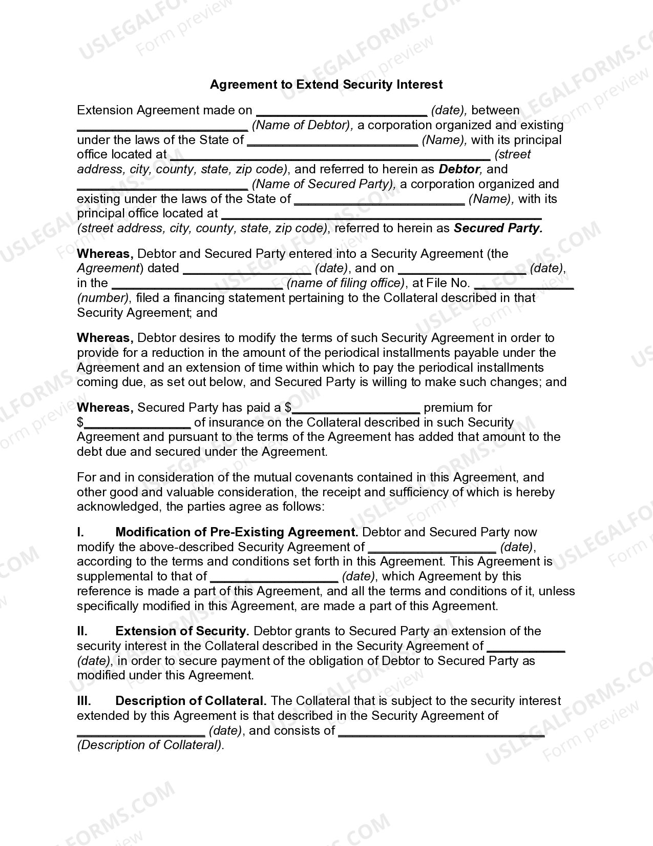 Agreement to Extend Security Interest | US Legal Forms