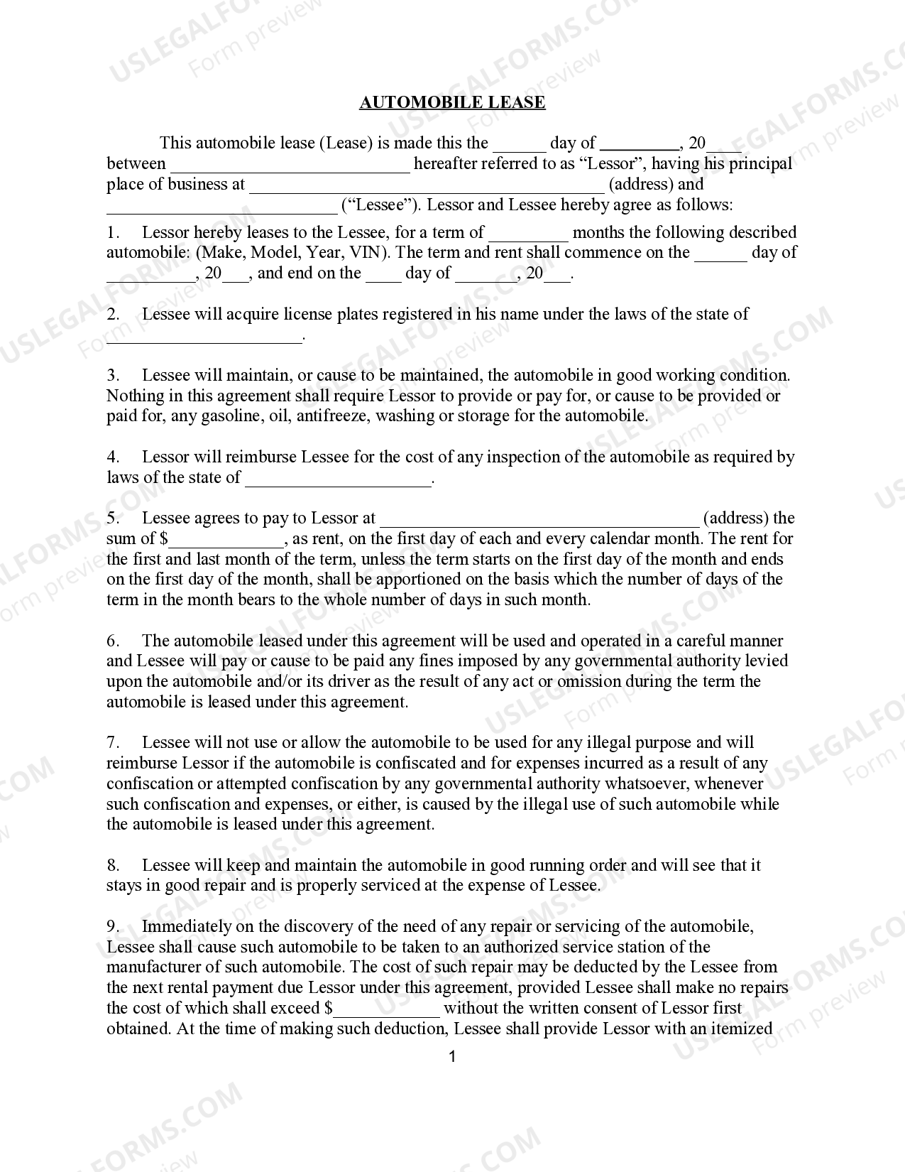 Lease or Rental Agreement of Automobile, Car, Truck, or Vehicle by ...