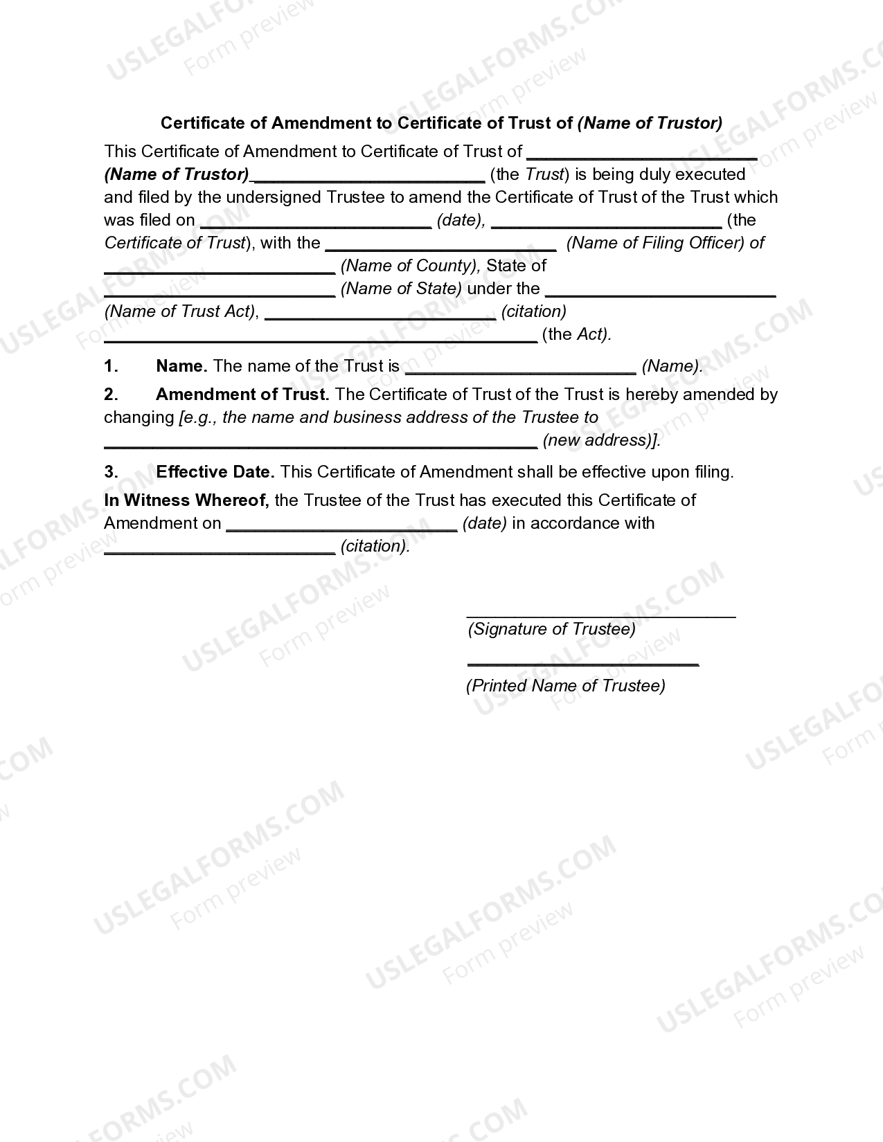 Certificate of Amendment to Certificate of Trust of (Name of Trustor ...