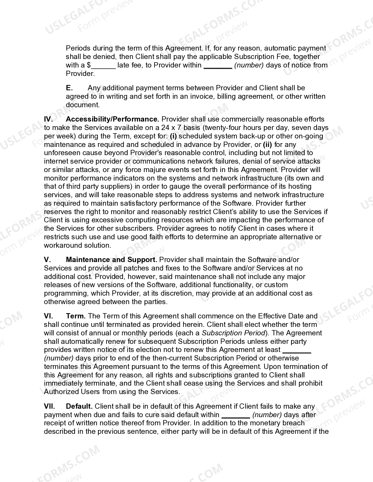 Software Subscription Service Agreement | US Legal Forms