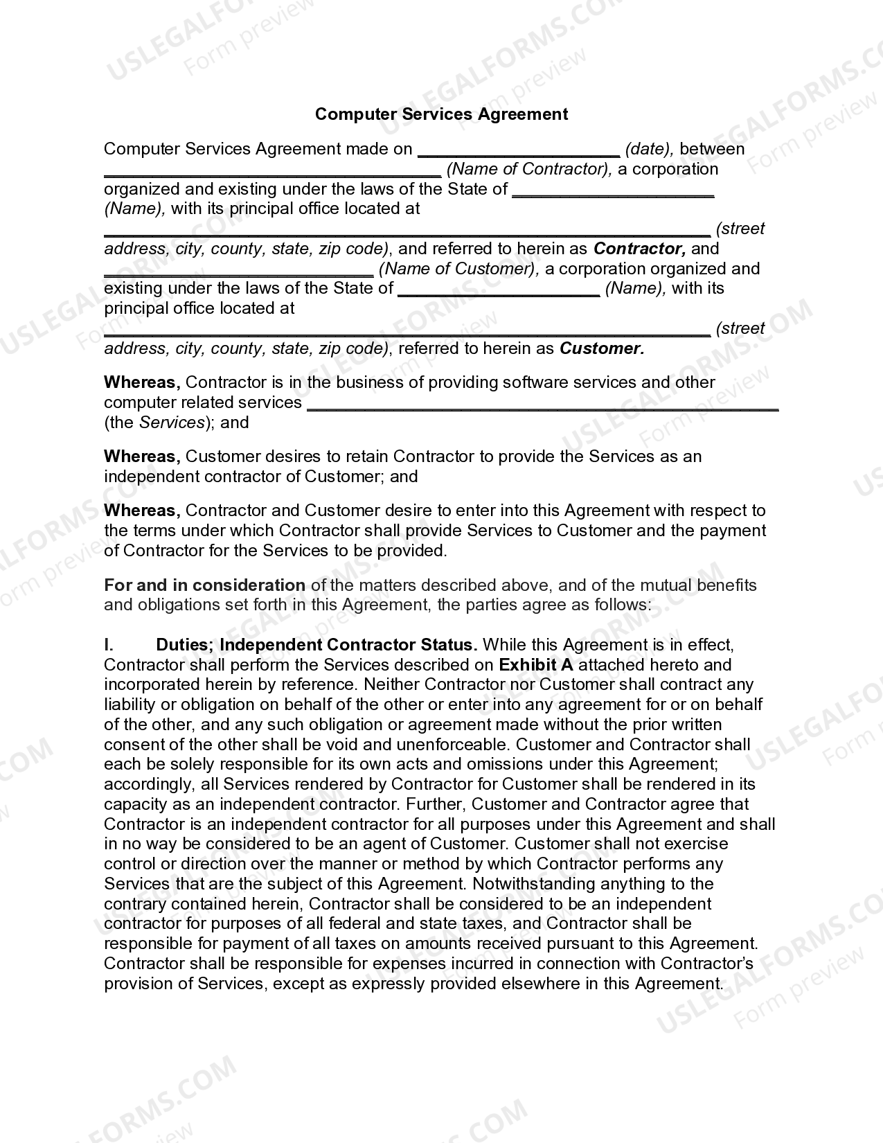 Computer Services Agreement | US Legal Forms
