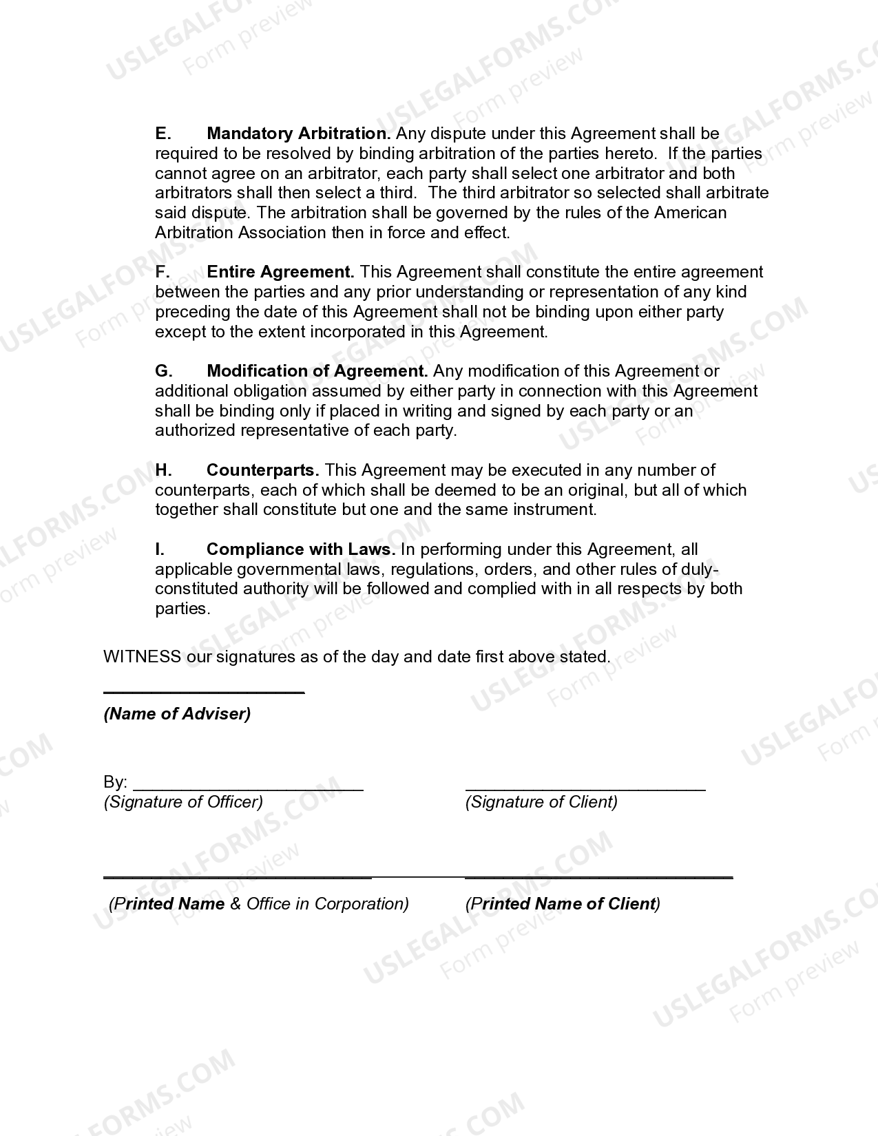 Investment Advisory Agreement | US Legal Forms