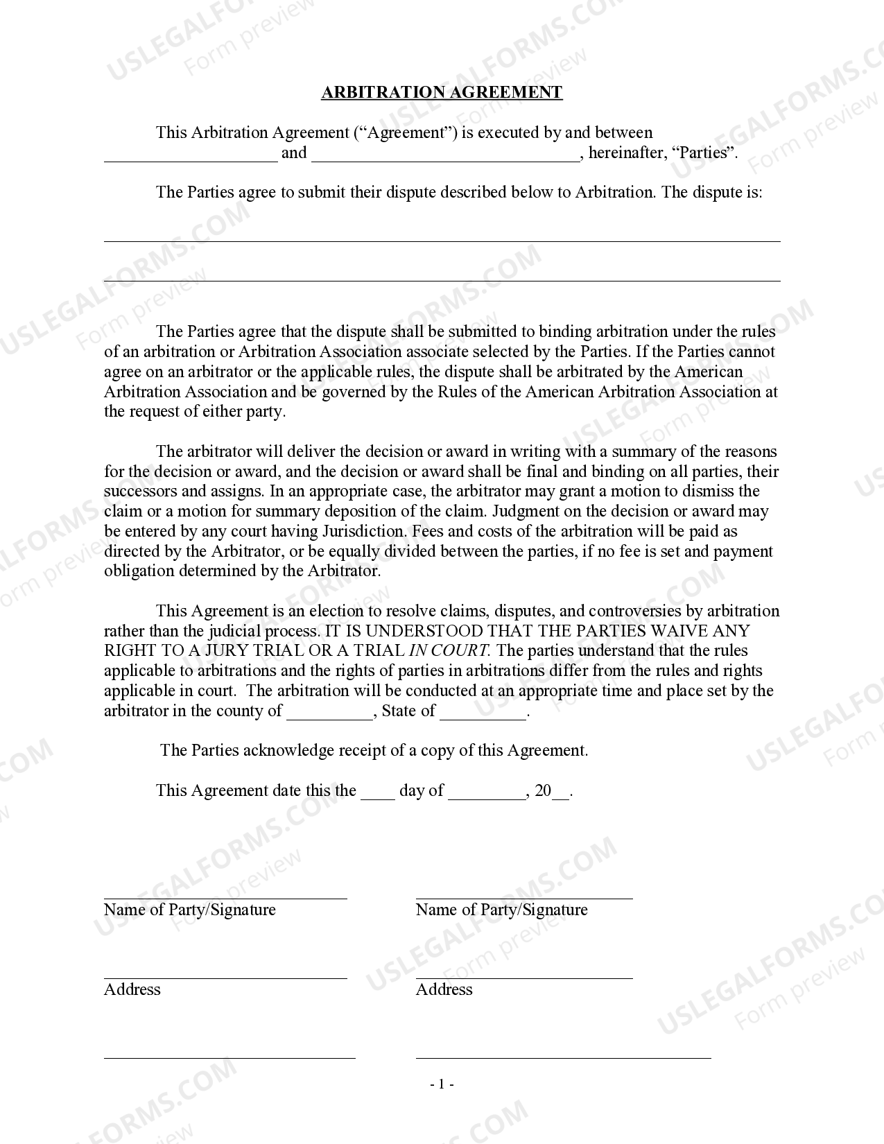 Arbitration Agreement - Existing Dispute | US Legal Forms