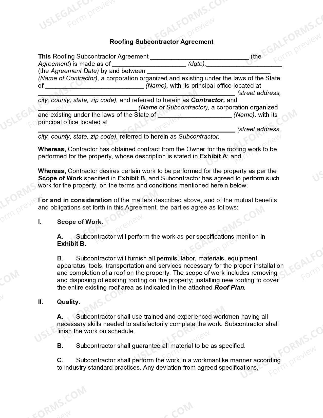 Roofing Subcontractor Agreement | US Legal Forms